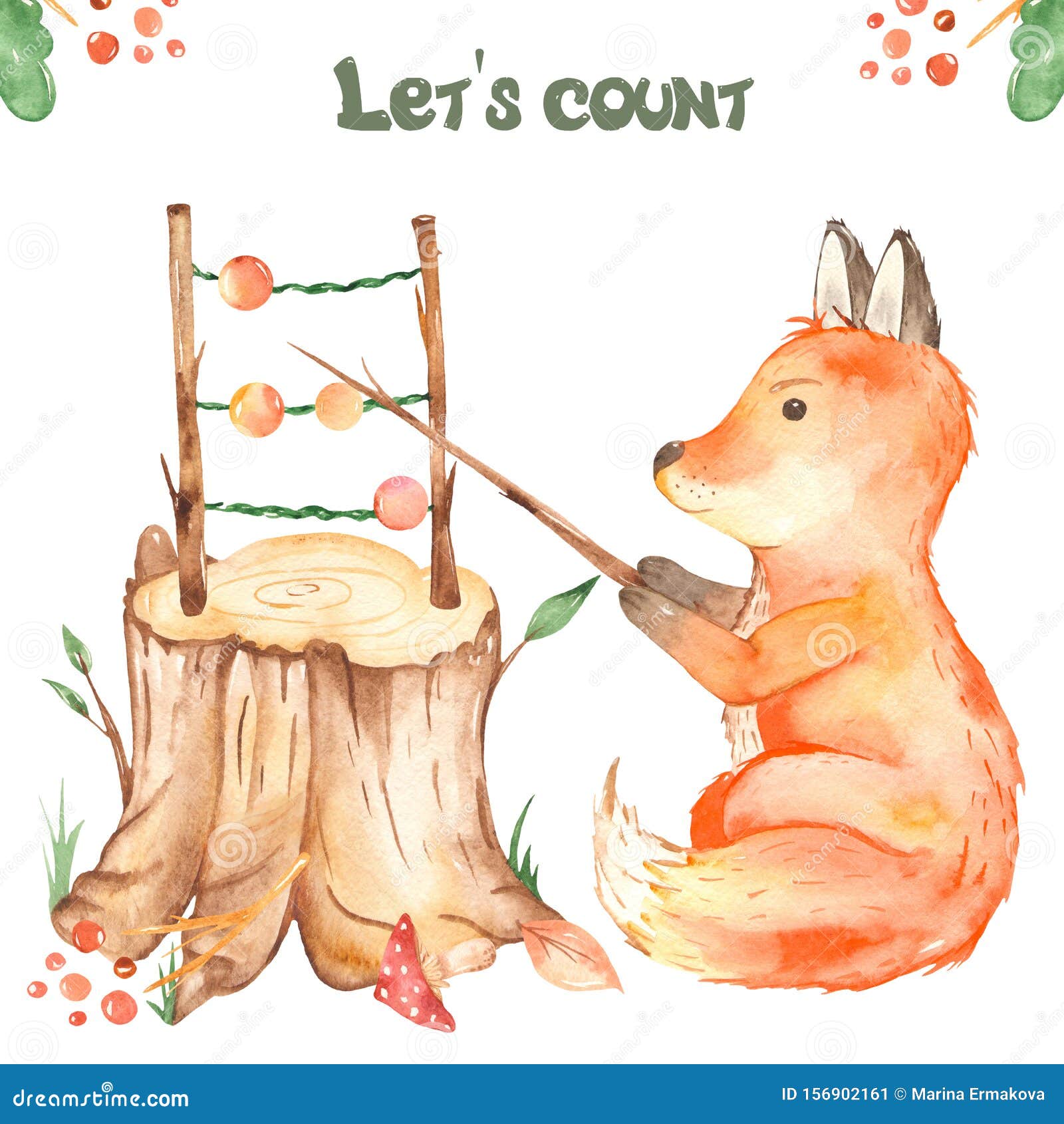 Watercolor Card with Cute Fox and School Abacus Stock Illustration ...