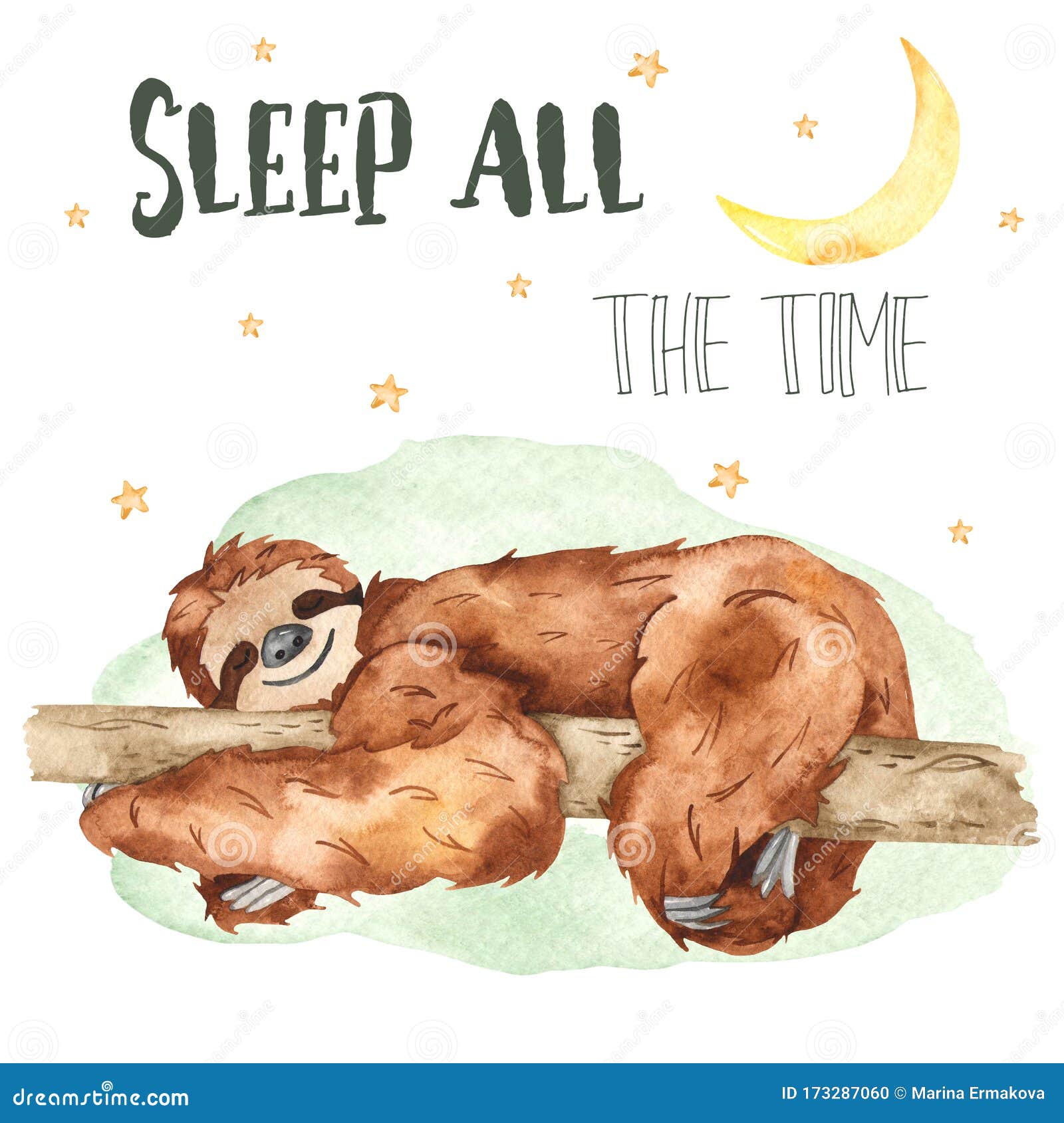 Watercolor Card with Cute Sloth Sleeping on a Tree and Stars Stock ...