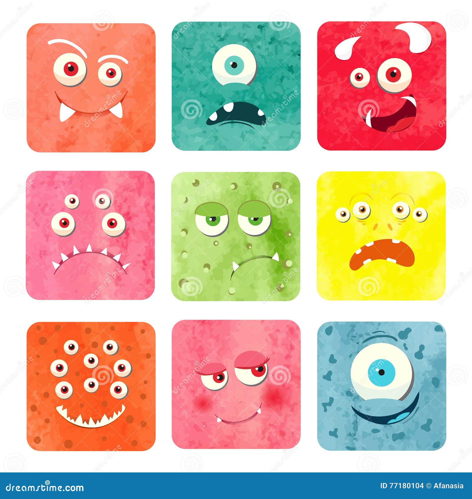 Watercolor Cartoon Monster Faces Set. Stock Vector - Illustration of ...