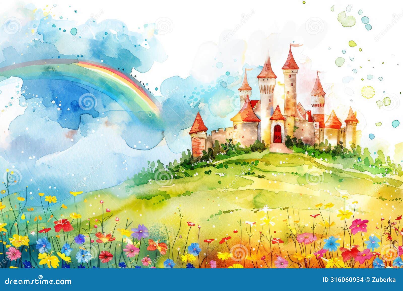 Watercolor Castle Landscape Stock Illustration - Illustration of ...