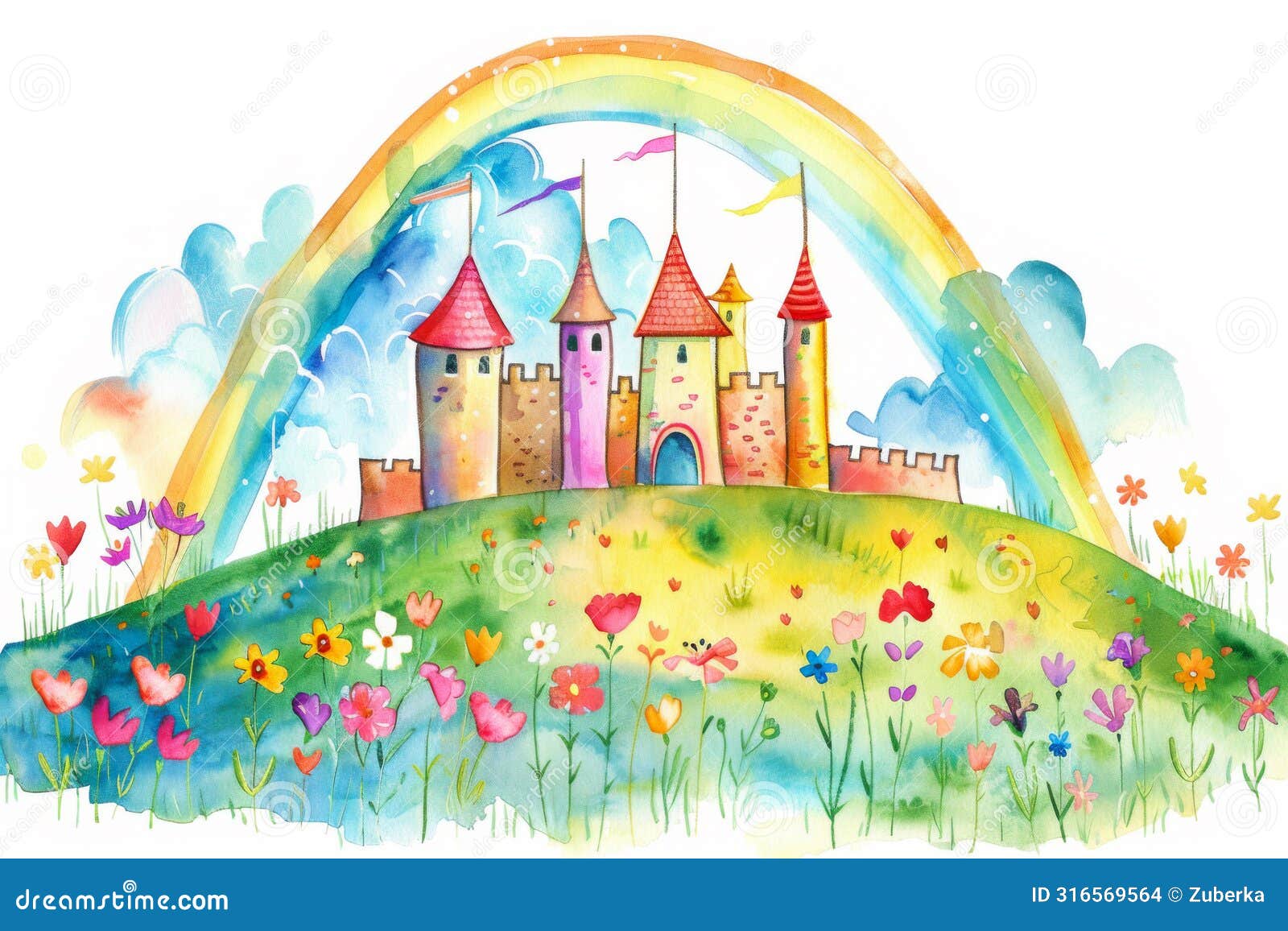Watercolor Castle Landscape Stock Illustration - Illustration of magic ...