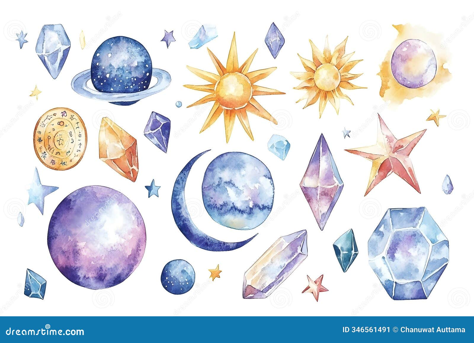 Watercolor Celestial and Crystal Elements for Design Sun Moon Stars ...