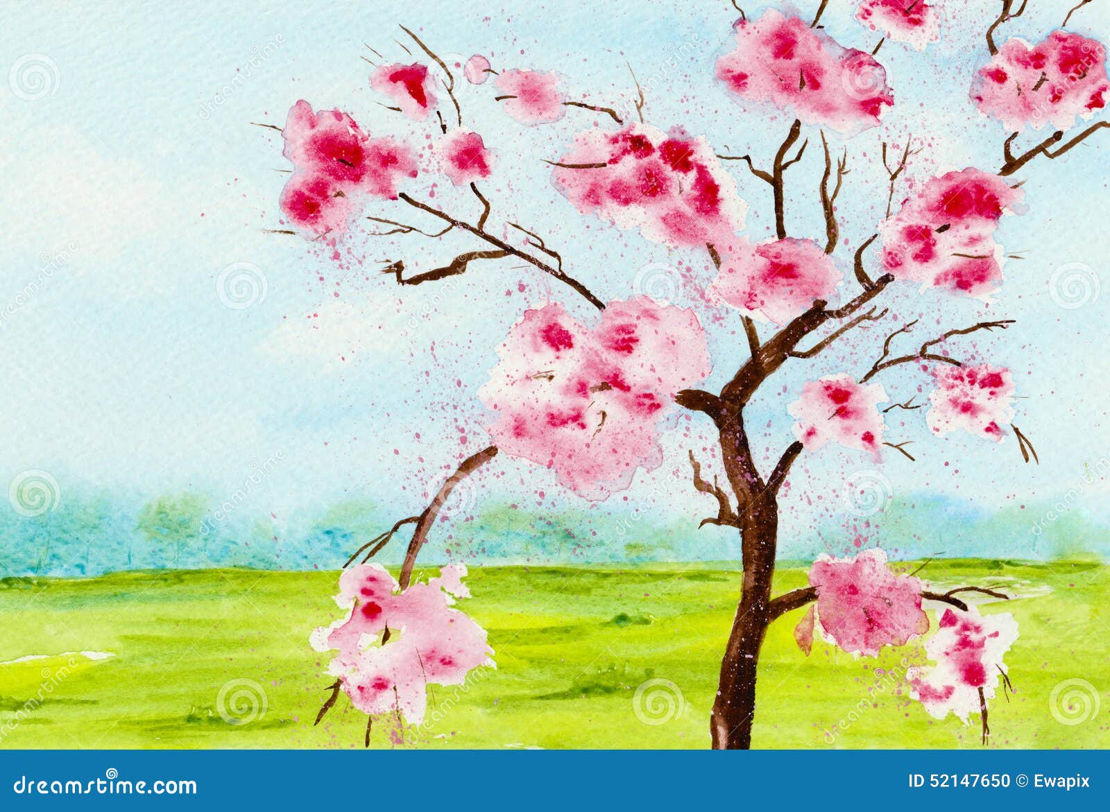 Watercolor of a Cherry Tree Against Blue Sky. Stock Illustration ...