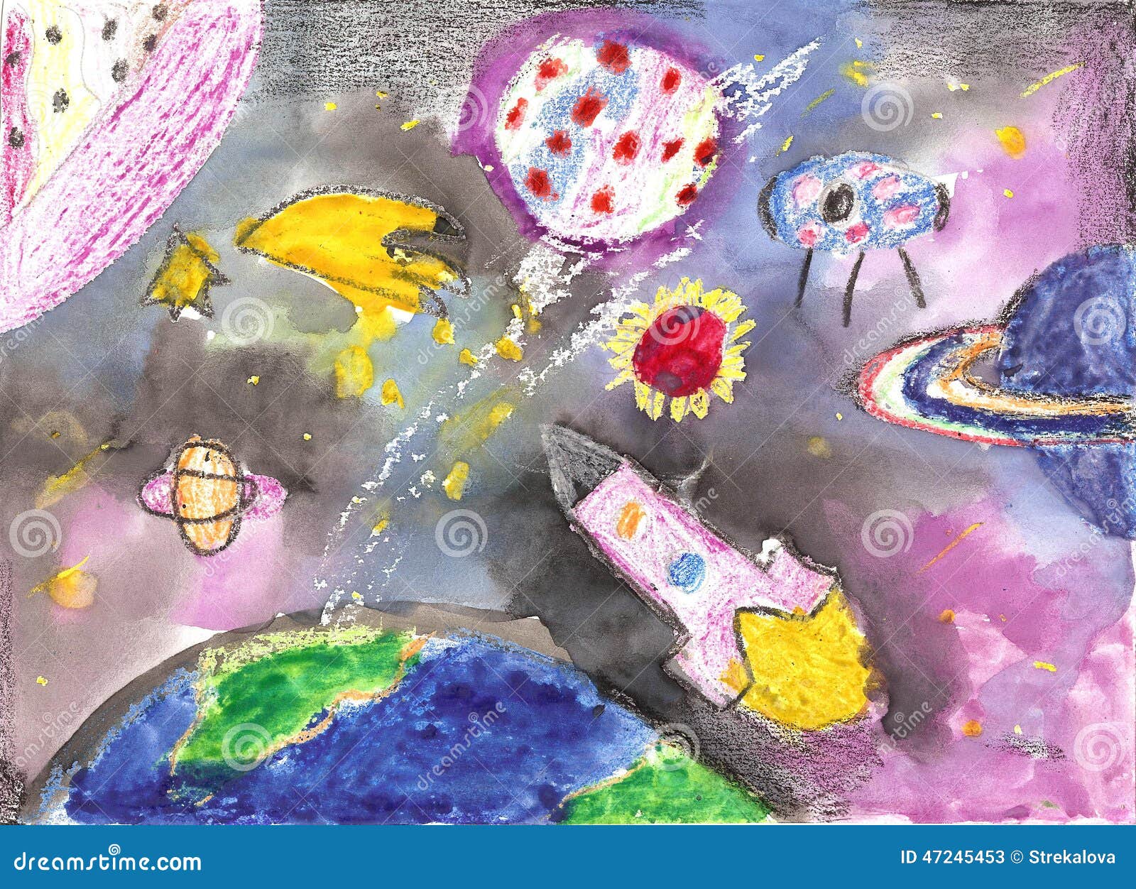 Watercolor Children Drawing Space Planet Rocket Stock Illustration ...