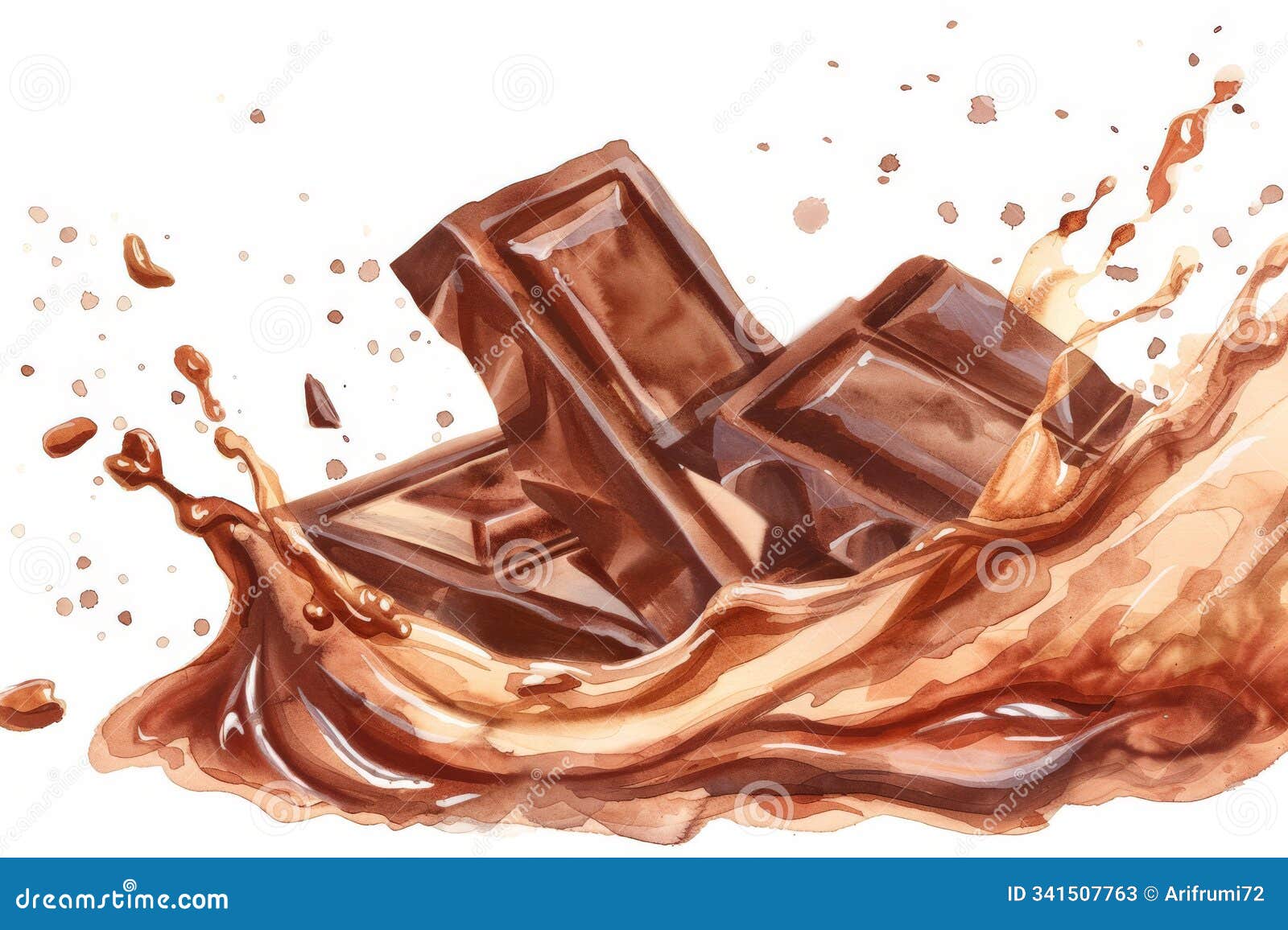 Watercolor Chocolate Bars and Chocolate Ink Splash, 3d Illustration on ...
