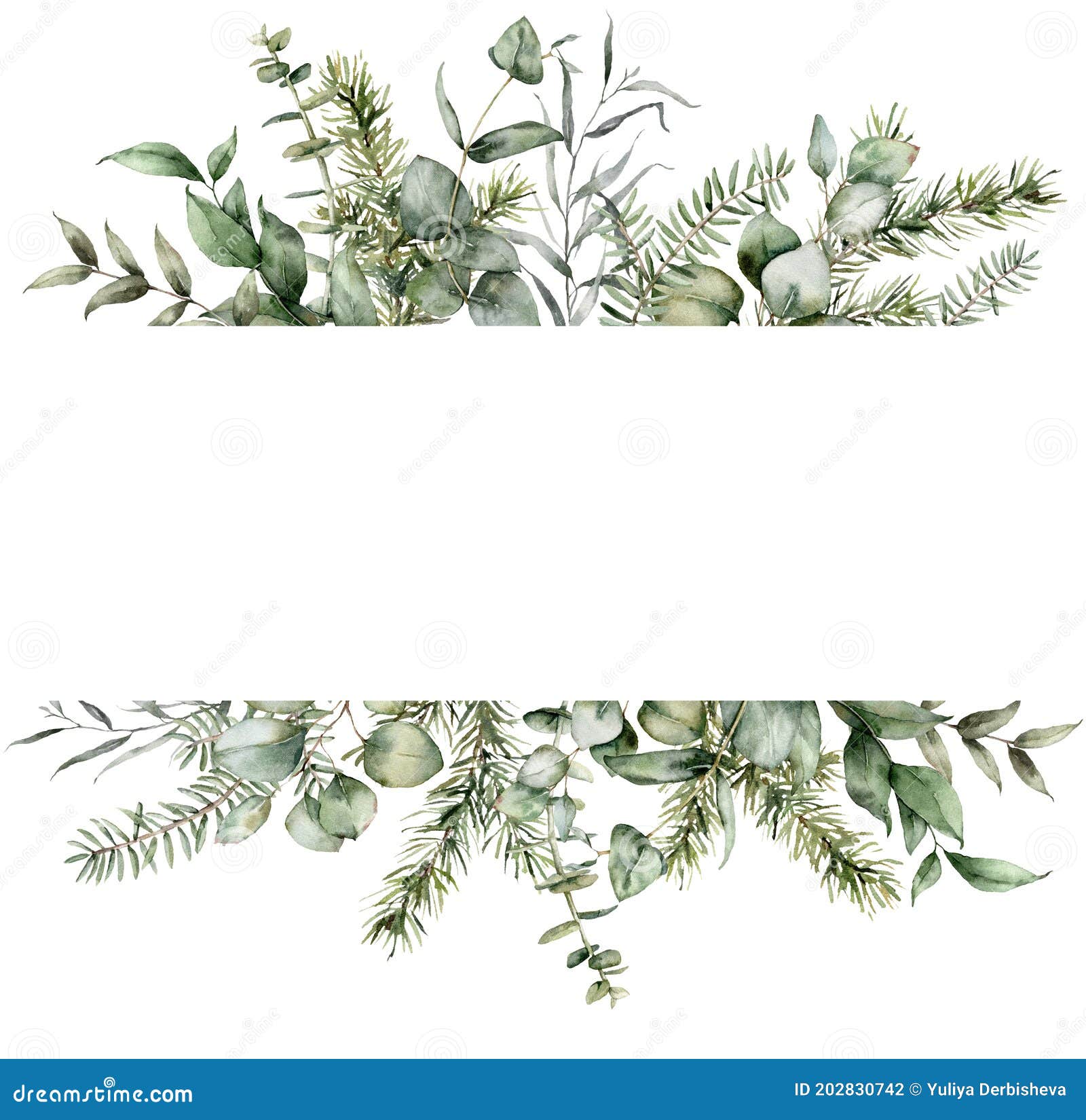 Watercolor Christmas Border with Fir and Eucalyptus Branches. Hand ... Watercolor Christmas Border with Fir and Eucalyptus Branches. Hand ...