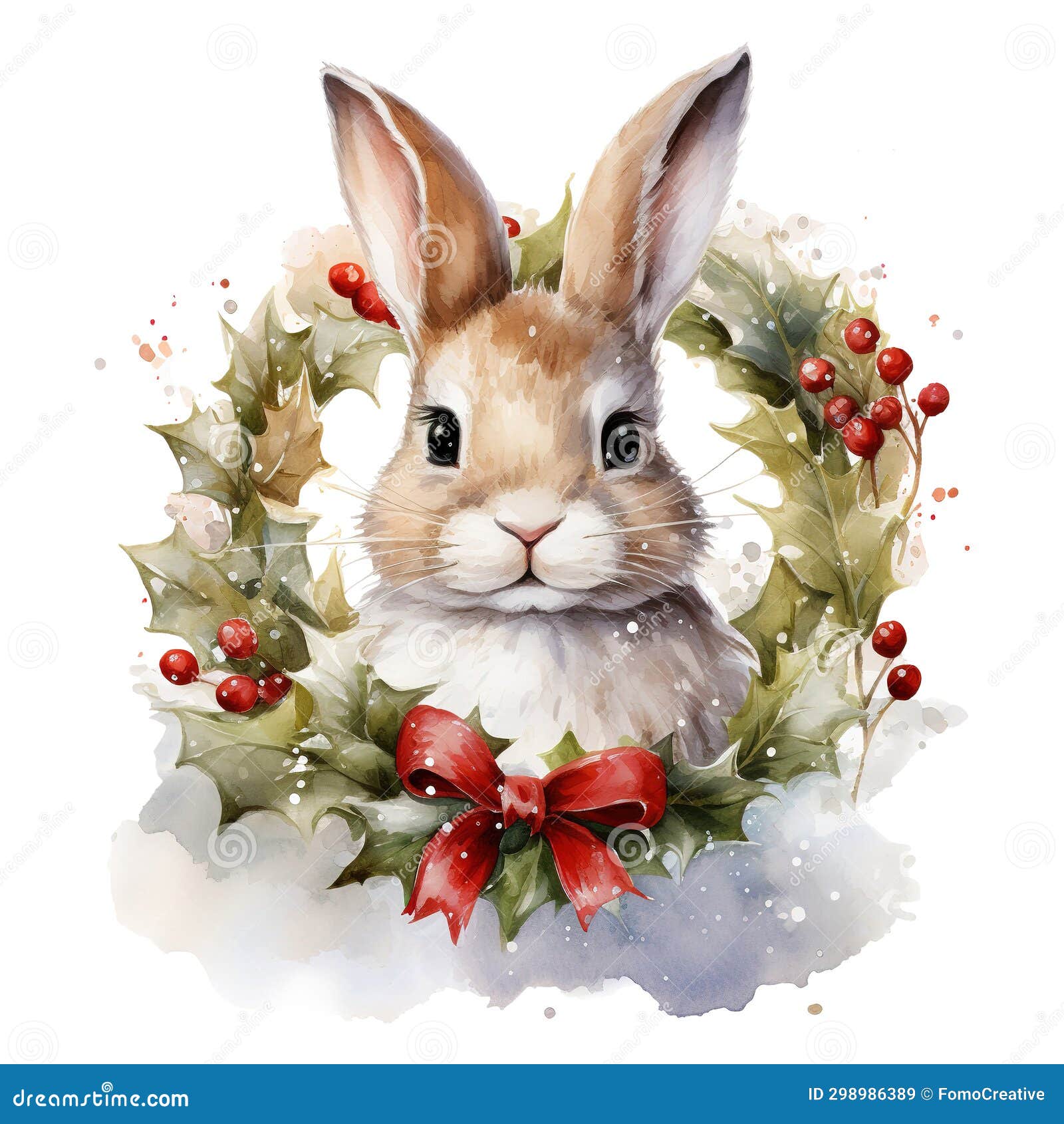 Watercolor Christmas Bunny with Wreath Stock Illustration ...