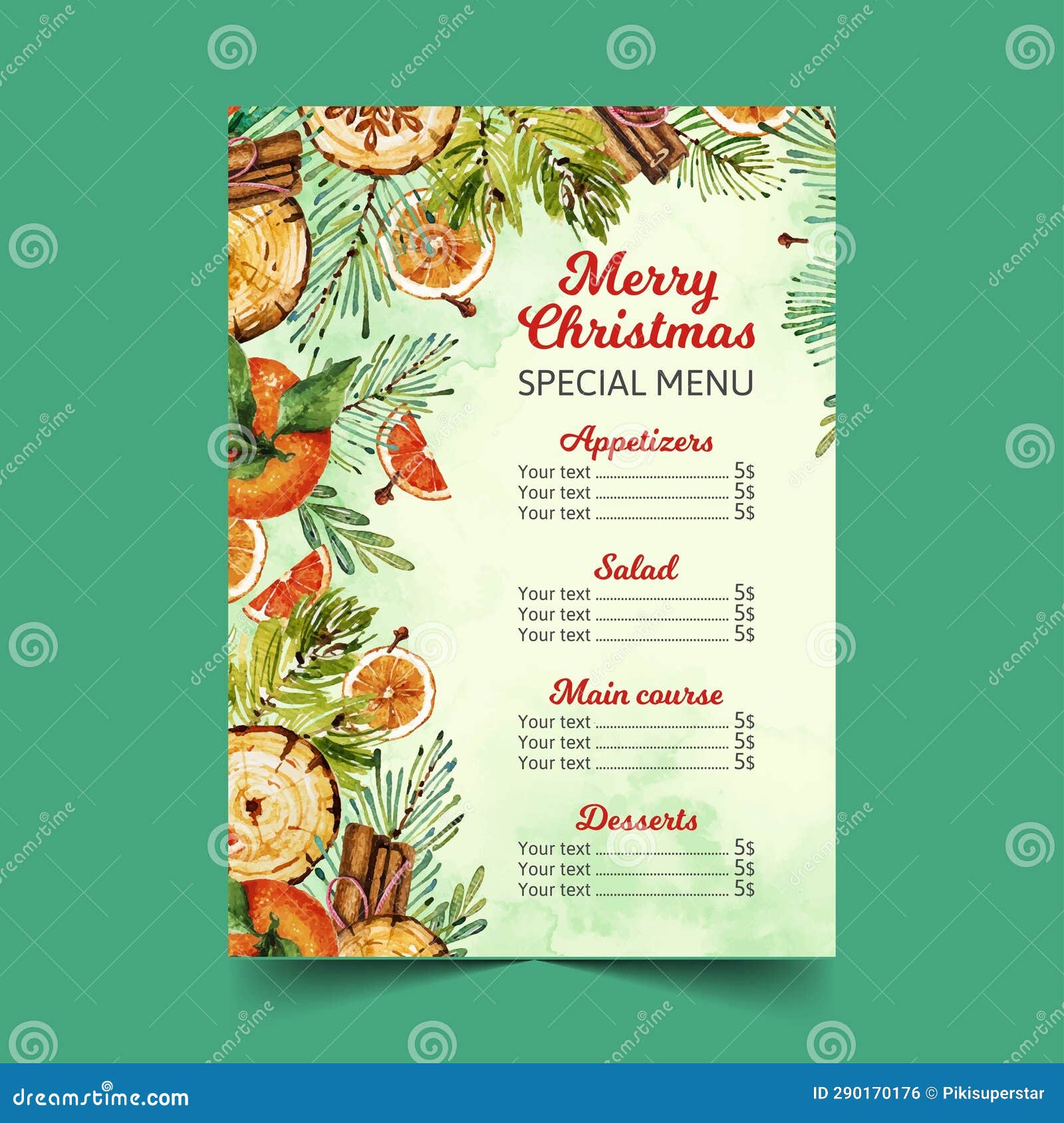 Watercolor Christmas Menu Template with Elements Vector Illustration ...