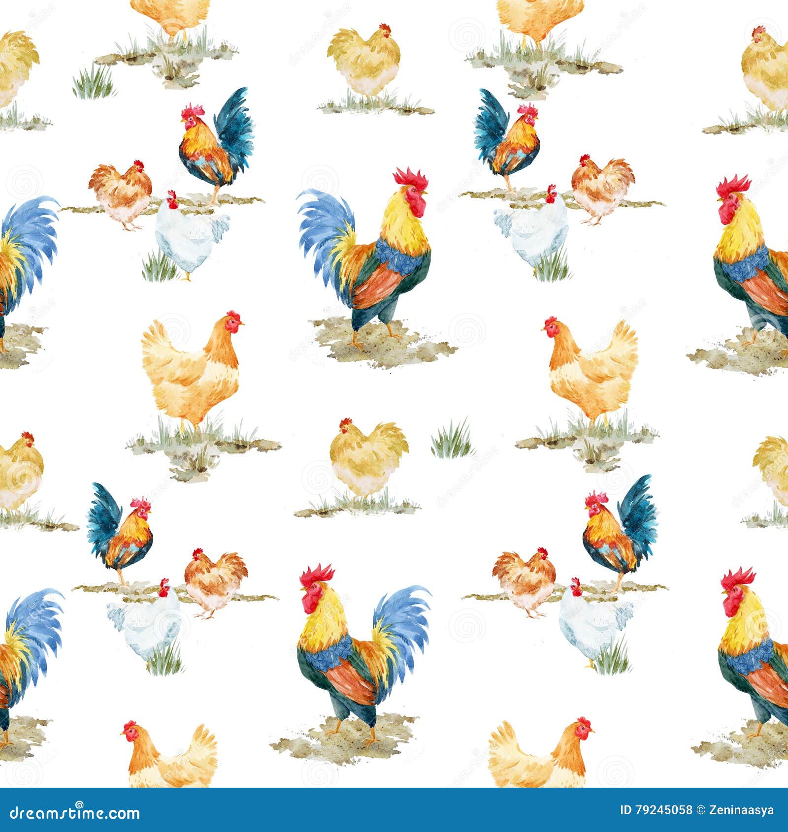 Watercolor rooster pattern stock illustration. Illustration of rural ...