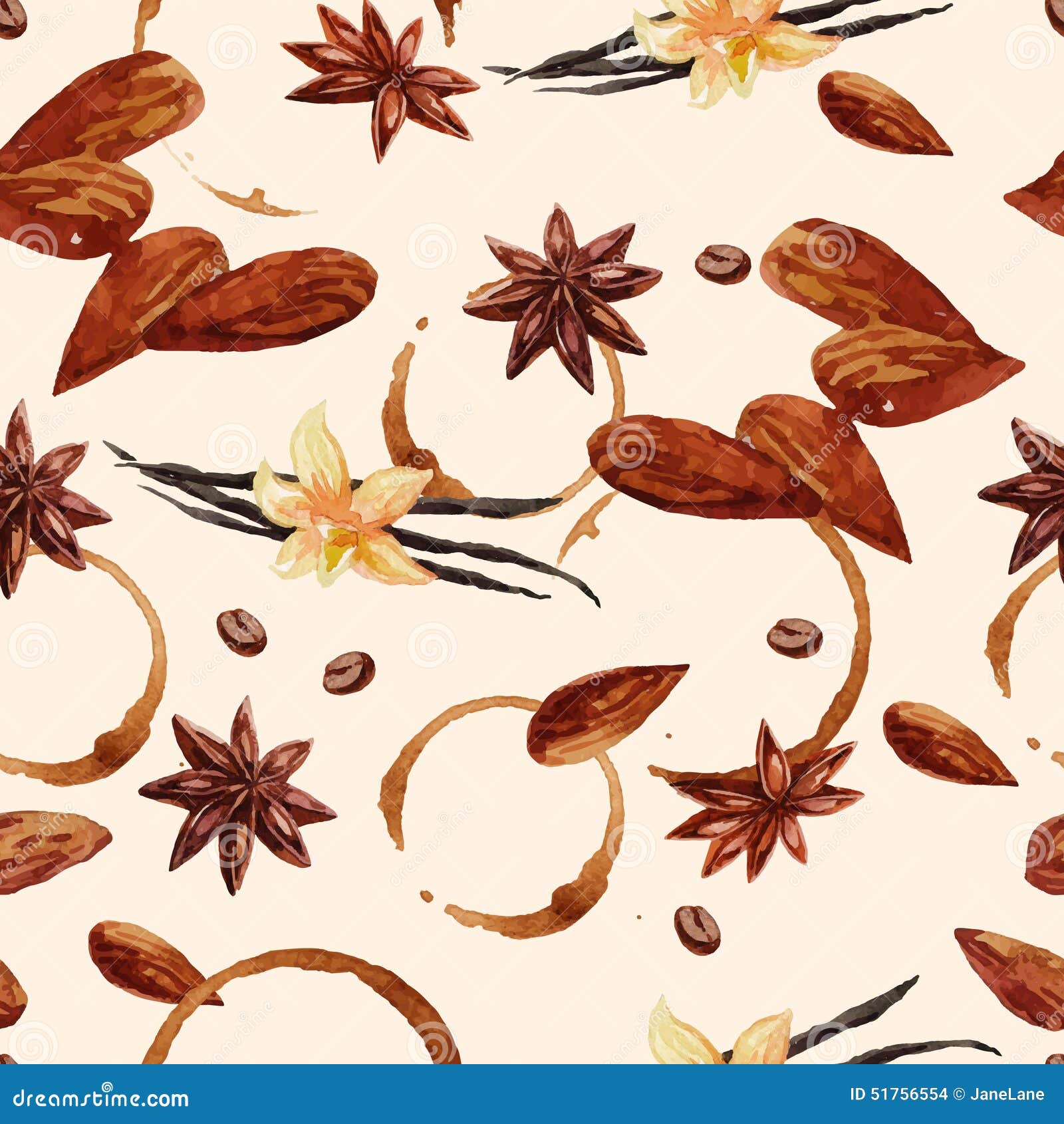 Watercolor Coffee Pattern with Coffee Beans and Nuts Stock Vector ...