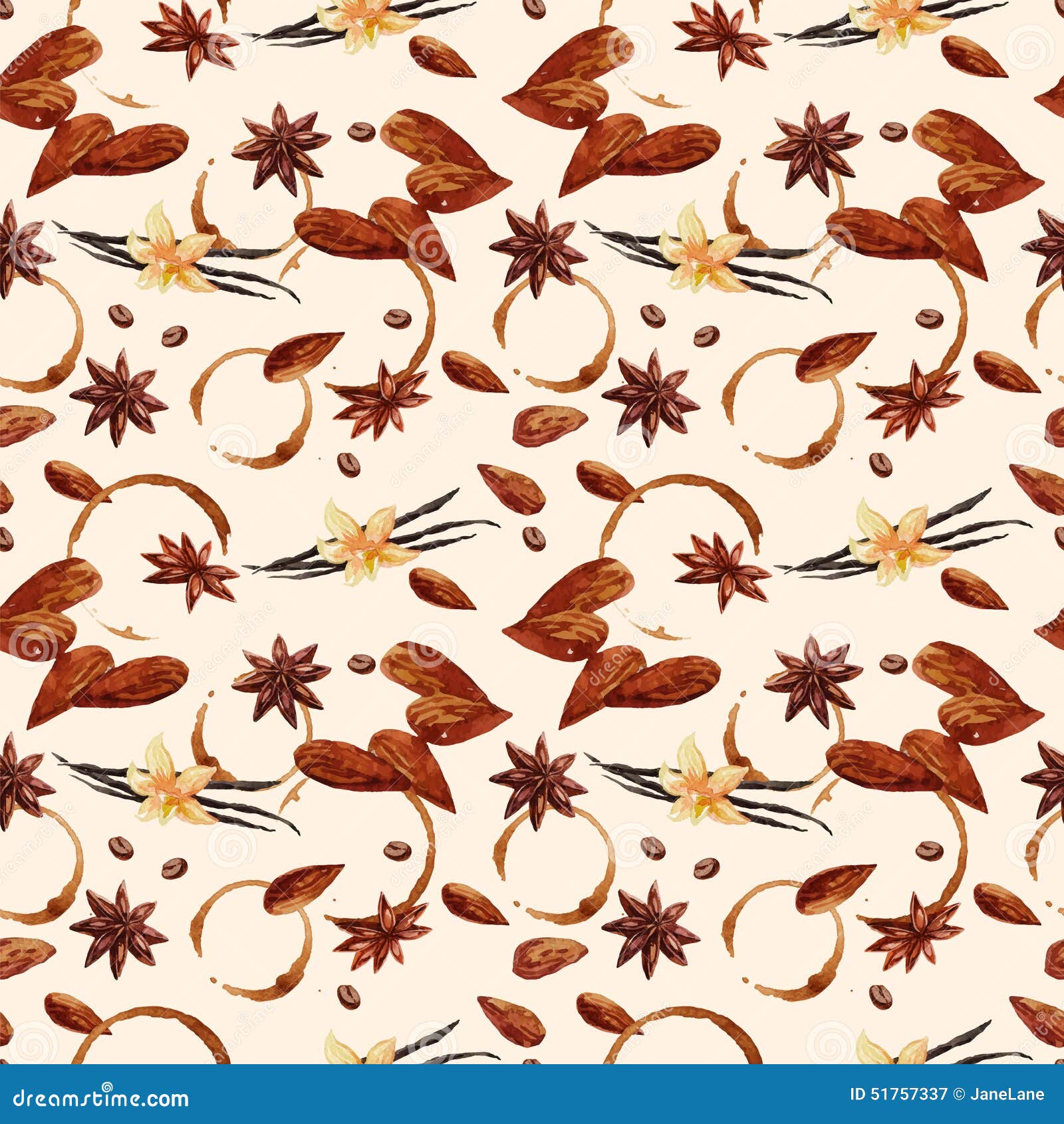 Watercolor Coffee Pattern with Coffee Beans and Nuts Stock Illustration ...