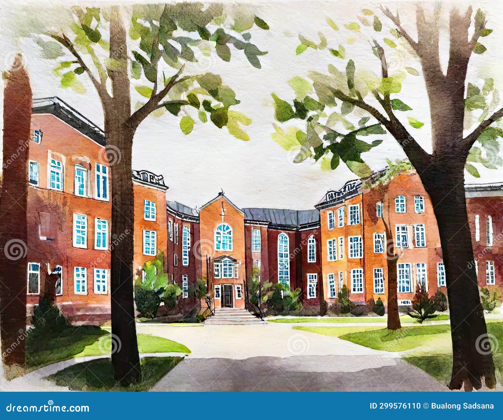 Watercolor of College Campus with Stock Illustration - Illustration of ...