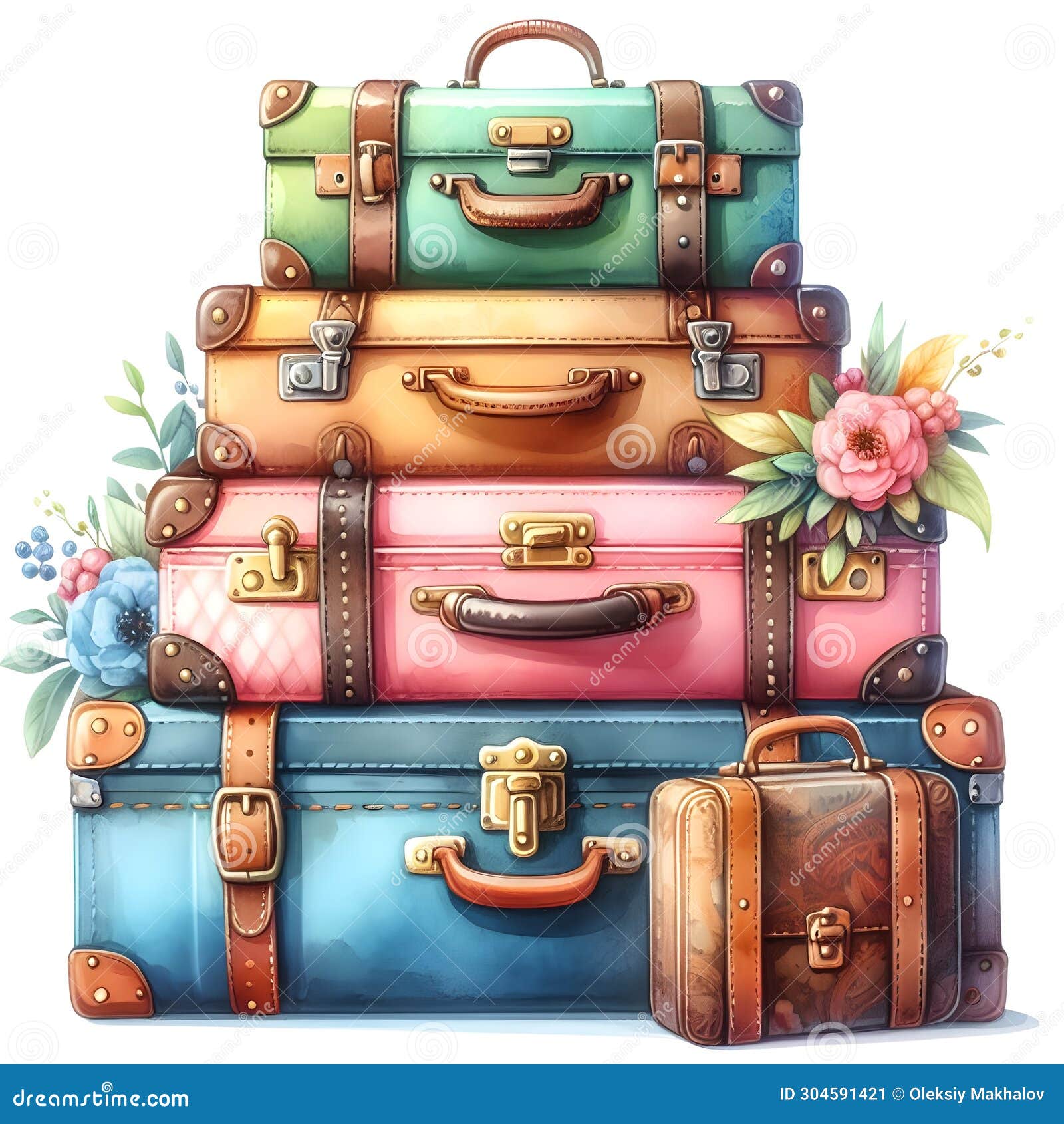 Watercolor Color Suitcases Stack for Travel Design on White Background ...