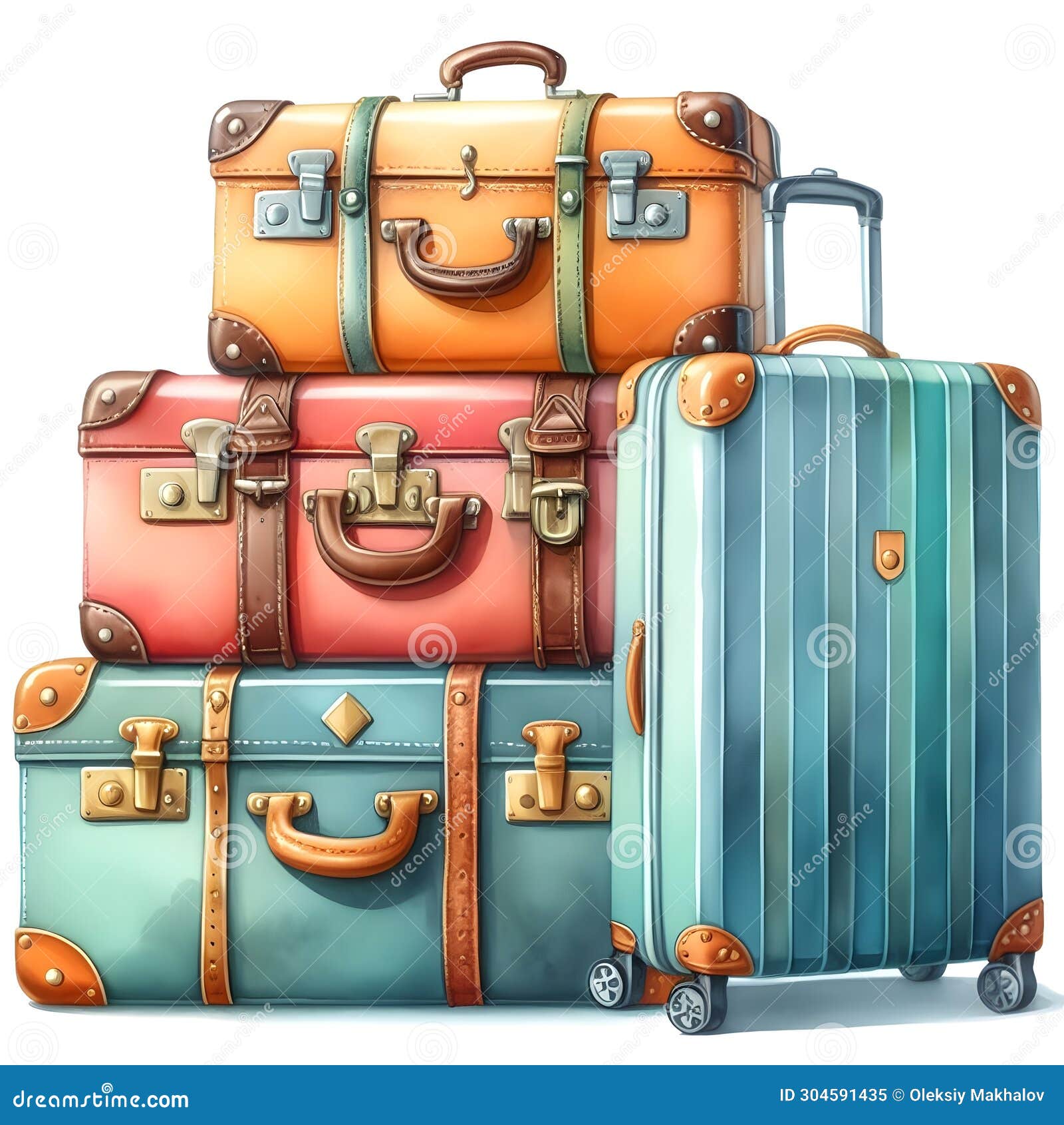 Watercolor Color Suitcases Stack for Travel Design on White Background ...