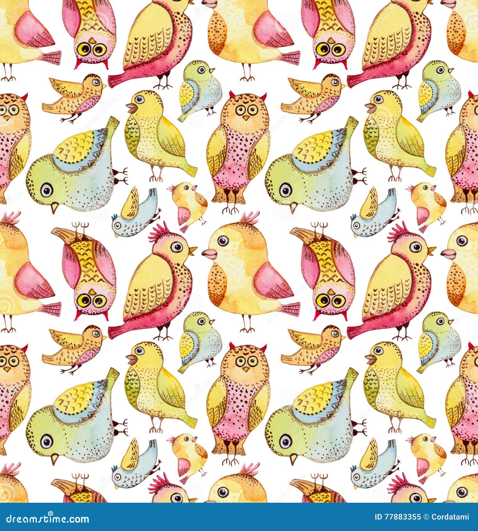 Watercolor Colorful Funny Birds Seamless Repeat Pattern Stock ...