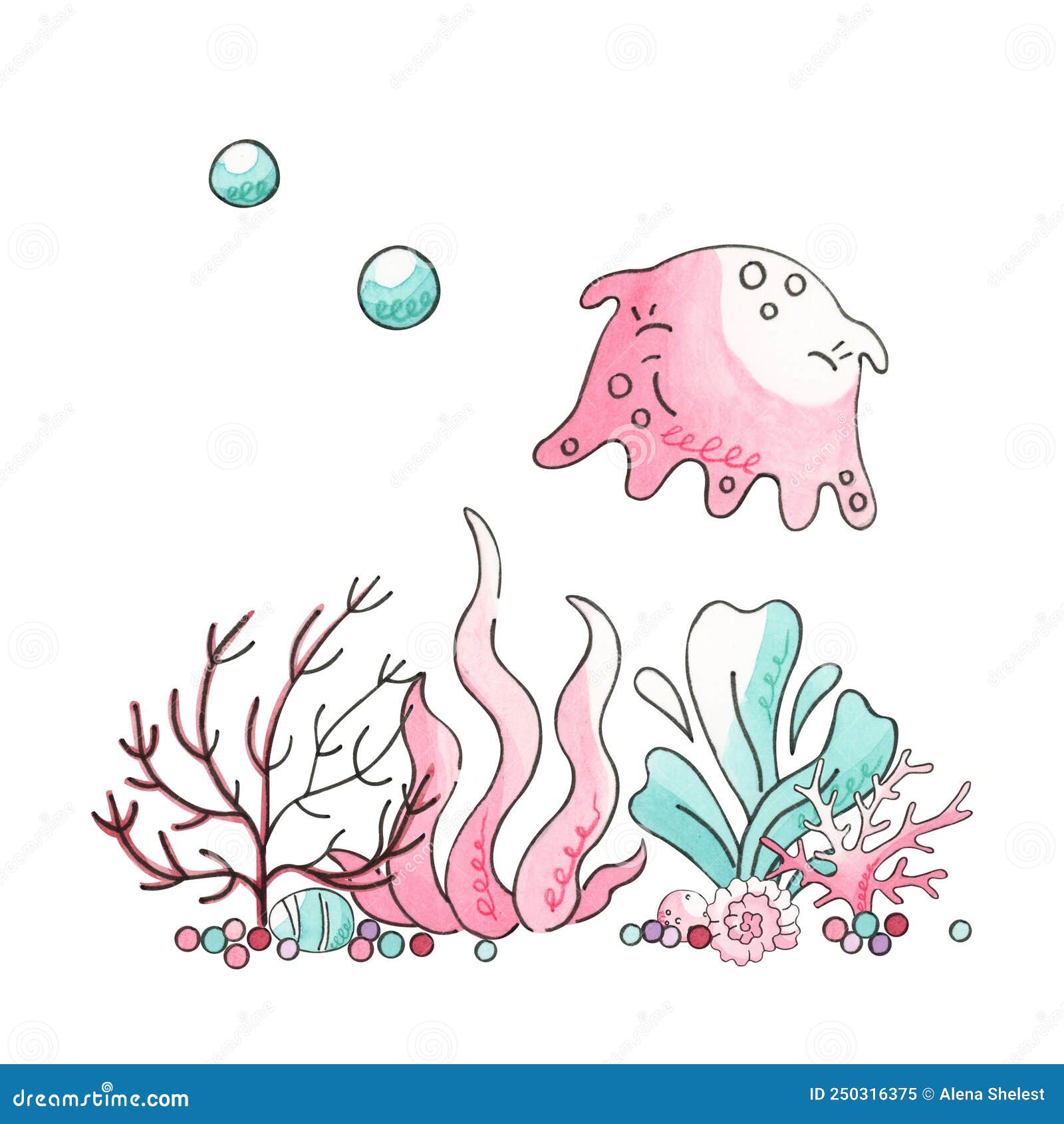 Watercolor Composition With Octopus And Seaweed On A White Background Stock Illustration