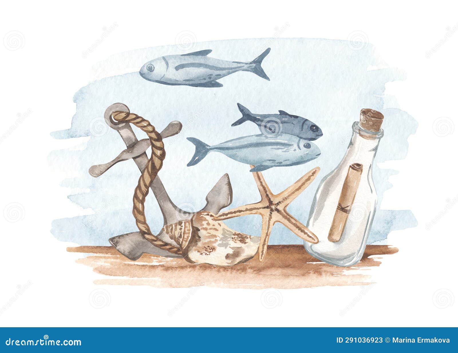 Watercolor Composition with Seabed, Fish, Anchor, Starfish, Shell Stock ...