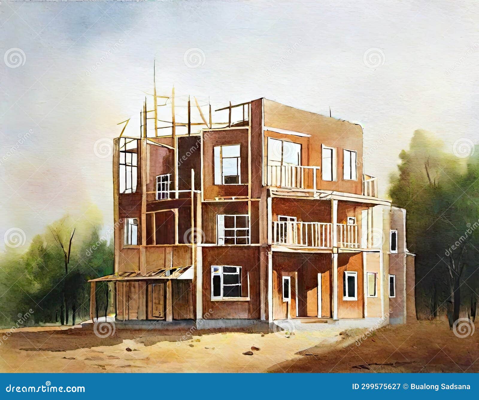 Watercolor of the Construction of a House by a Colossal Symbolizing the ...