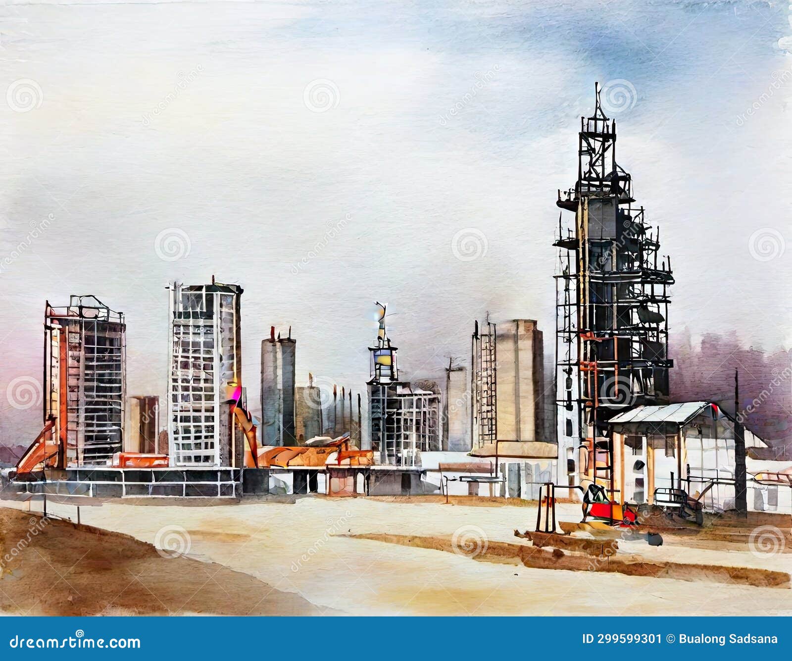 Watercolor of Construction Site with Powerful Stock Illustration ...