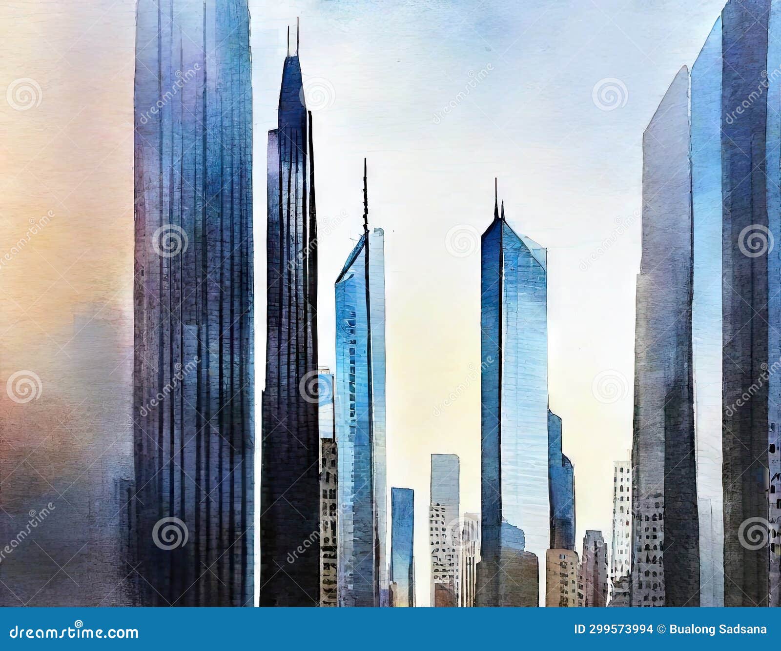 Watercolor of Contemporary Skyscraper Stock Illustration - Illustration ...