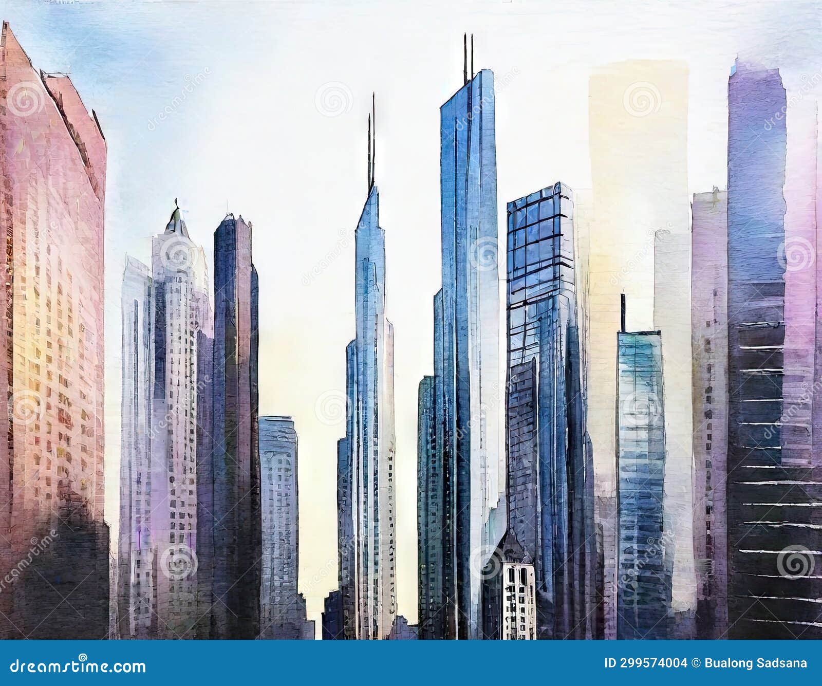 Watercolor of Contemporary Skyscraper Stock Illustration - Illustration ...