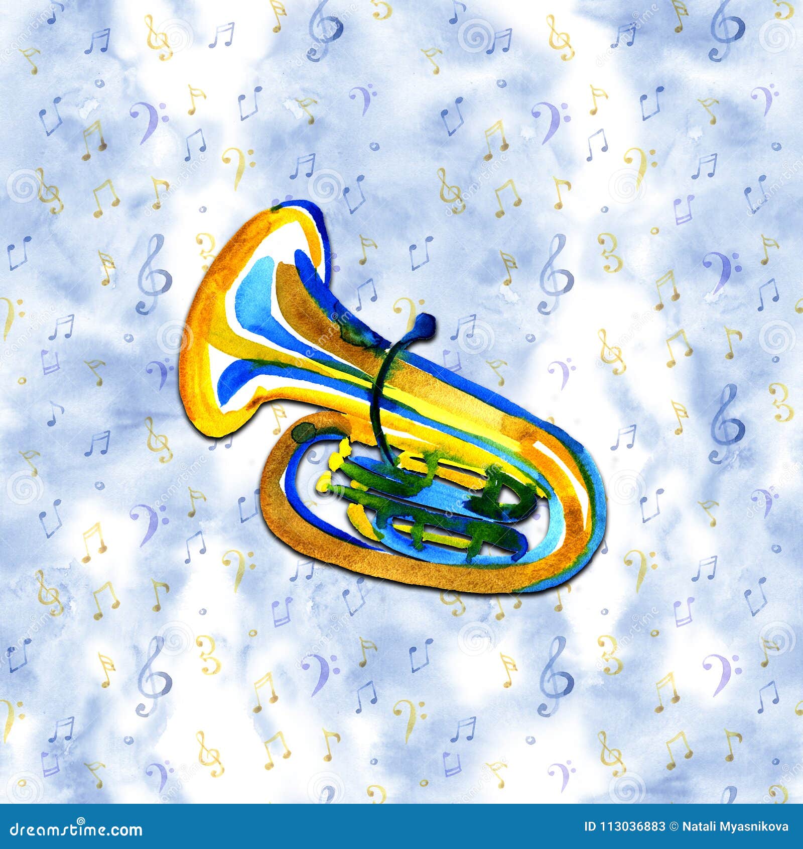 Watercolor Copper Brass Band Tuba on Blue Pattern Stock Illustration ...