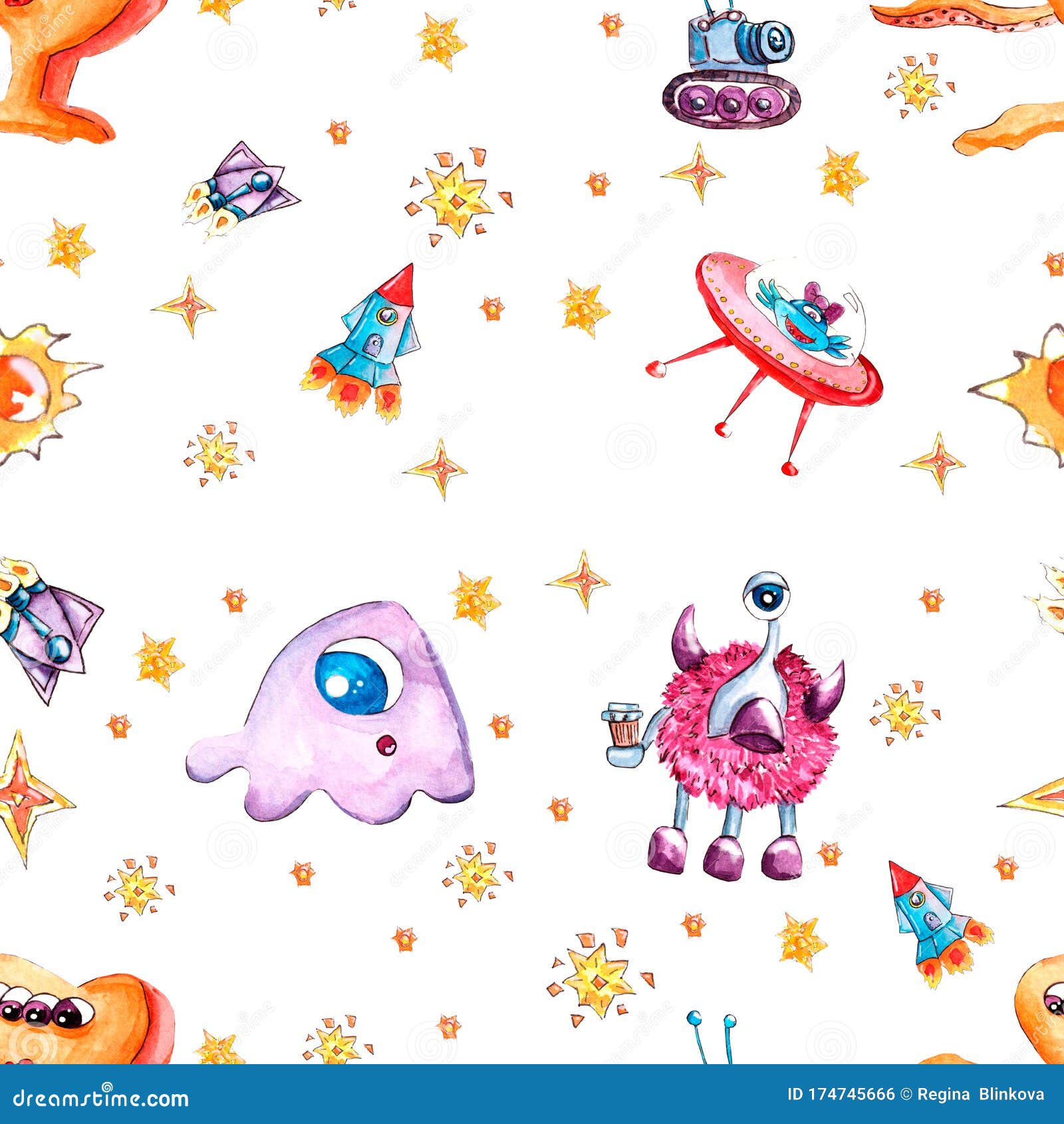 Watercolor Cosmo Alien Astronaut Pattern Stock Photography ...