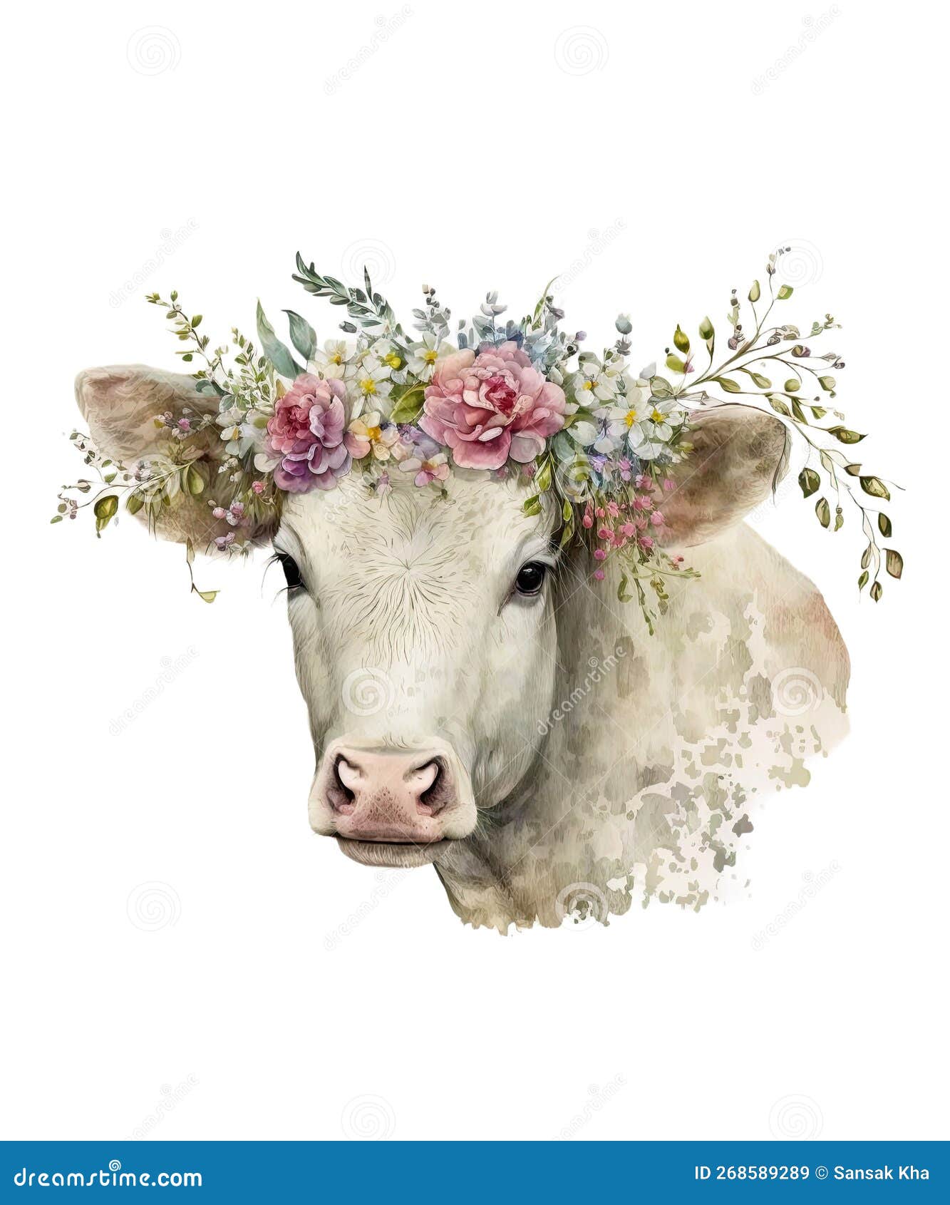 Watercolor Cow and Flower on Head Stock Illustration - Illustration of ...