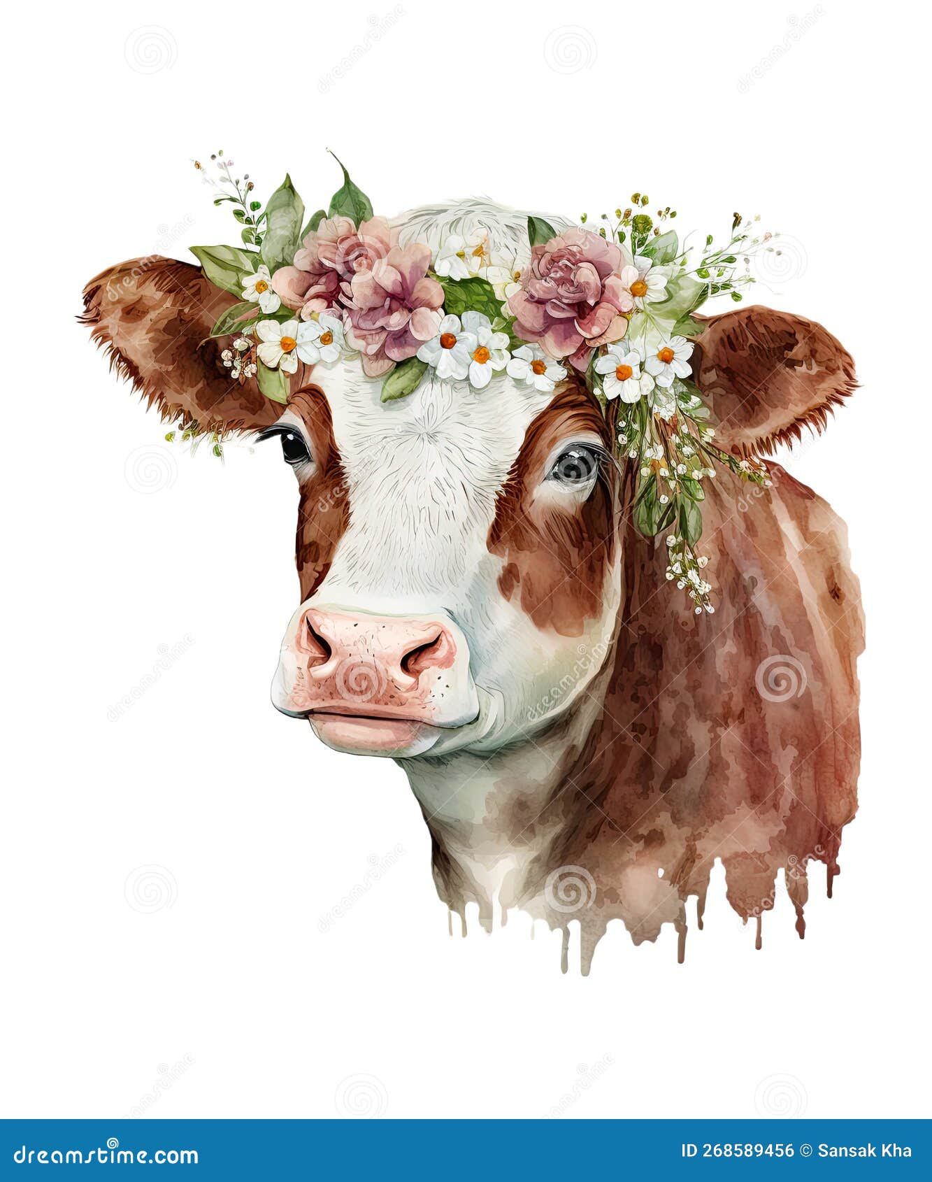 Watercolor Cow and Flower on Head Stock Illustration - Illustration of ...