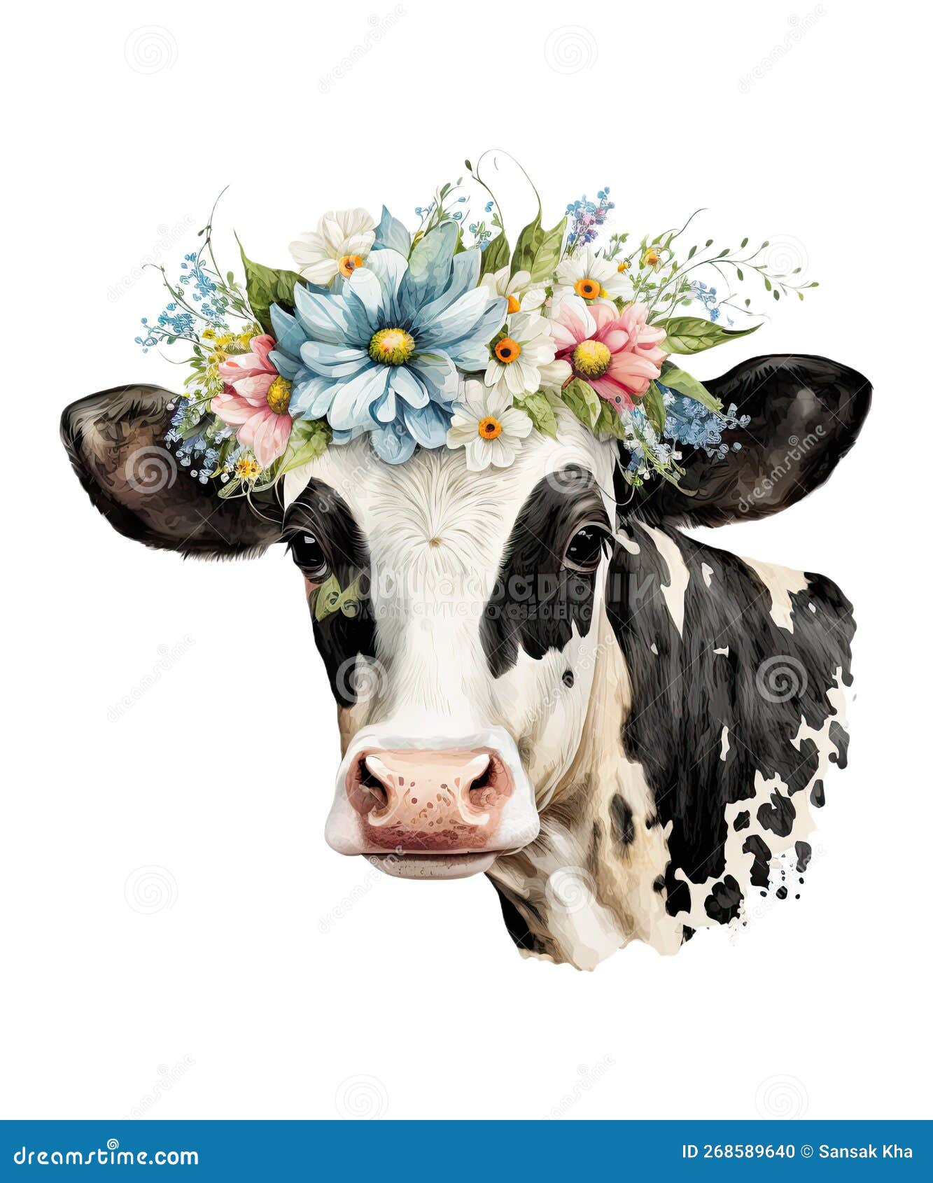 Watercolor Cow and Flower on Head Stock Illustration - Illustration of ...