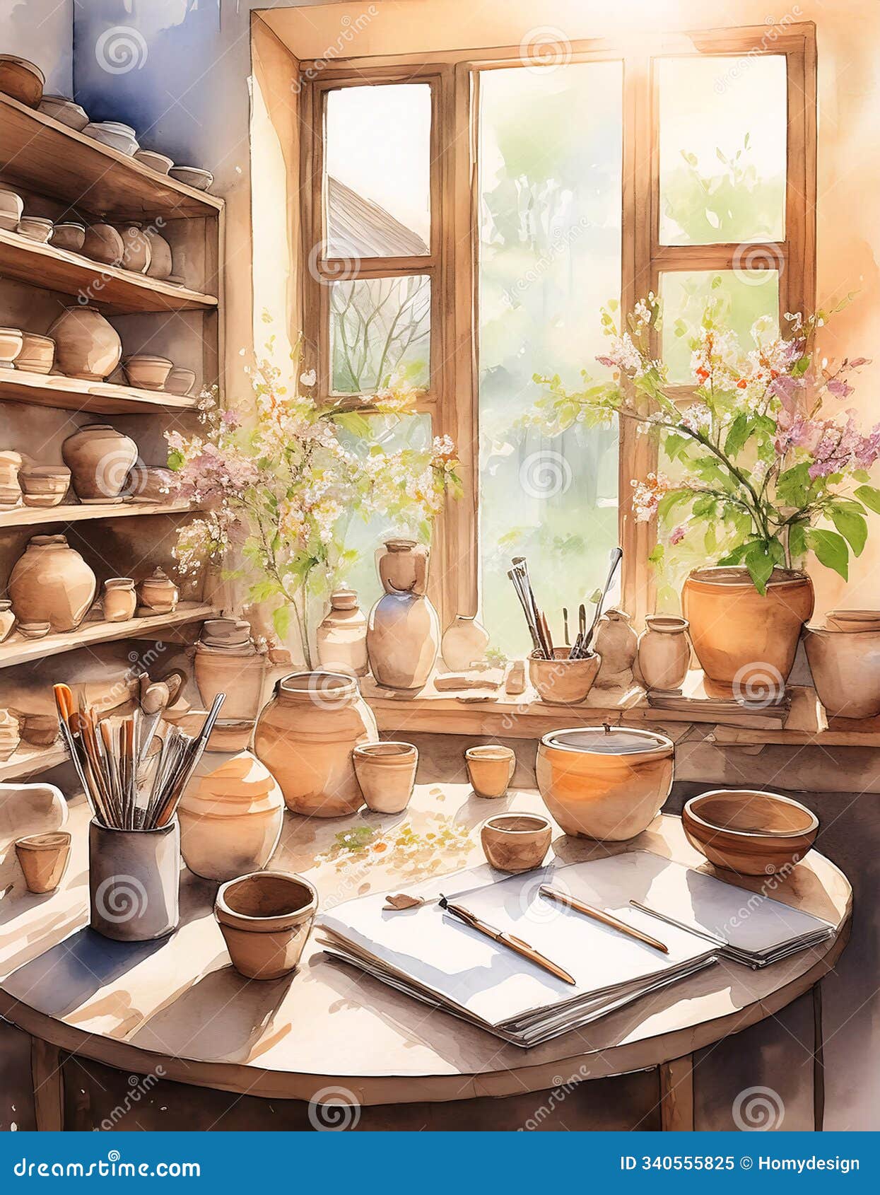 Watercolor of a Cozy Pottery Workspace with Sunlight Streaming in Stock ...