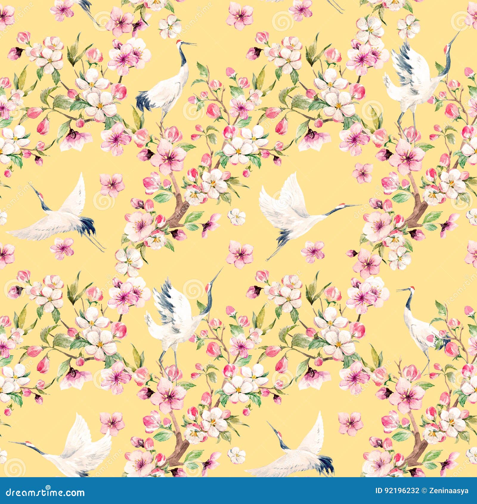 Watercolor Crane with Flowers Pattern Stock Illustration - Illustration ...