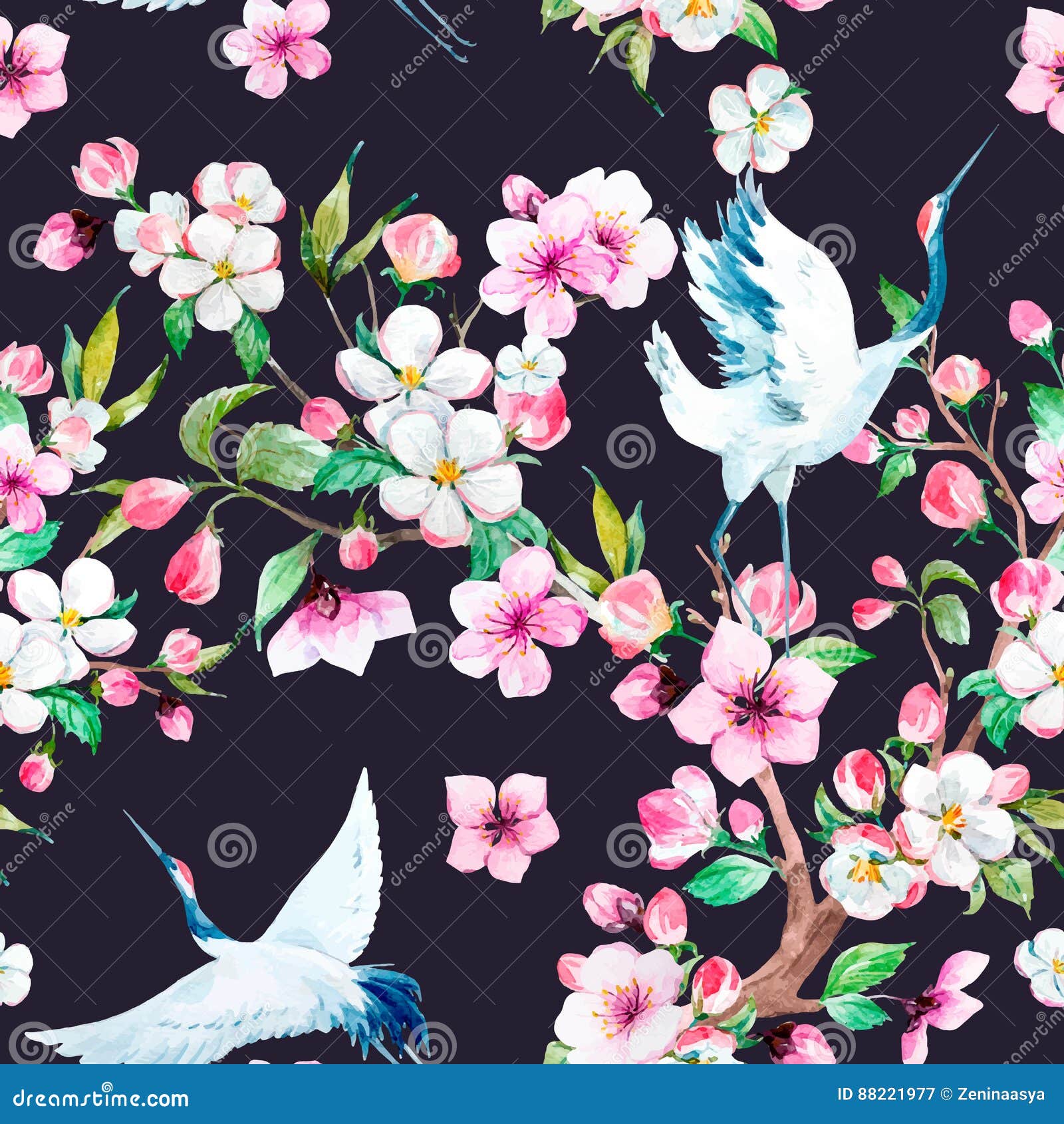 Watercolor Crane with Flowers Vector Pattern Stock Vector ...