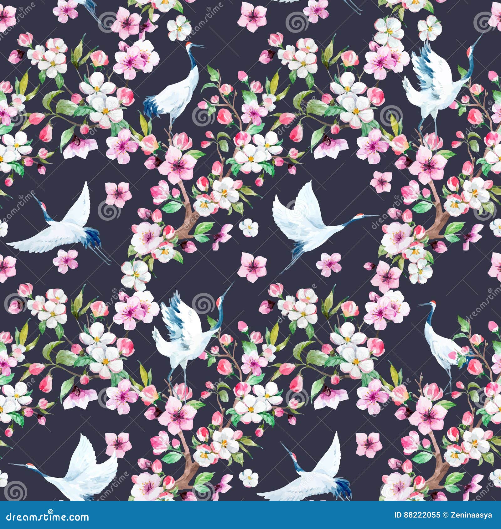 Watercolor Crane with Flowers Vector Pattern Stock Vector ...