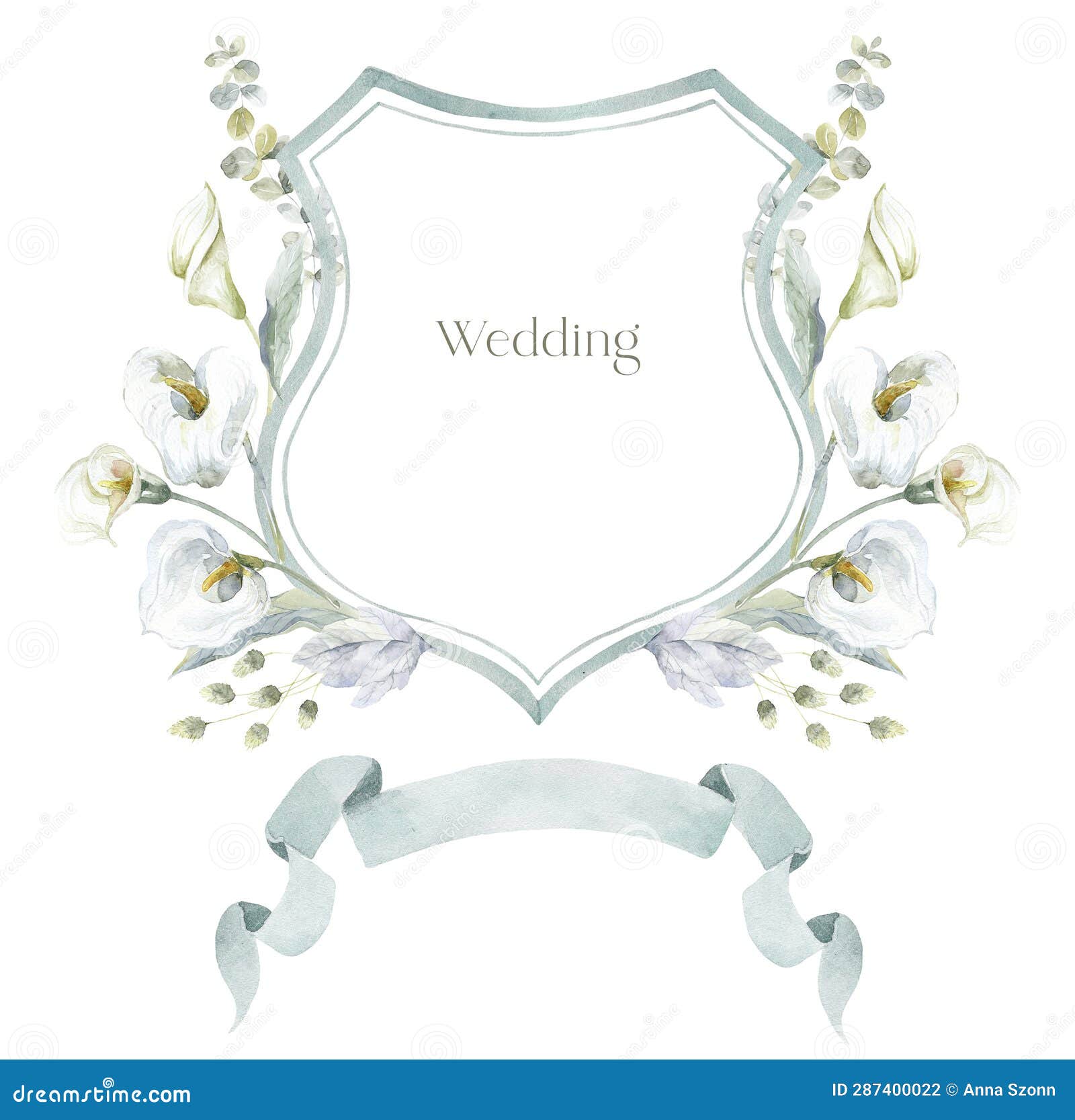 Watercolor Crest with White Flowers on the White Background. Stock ...