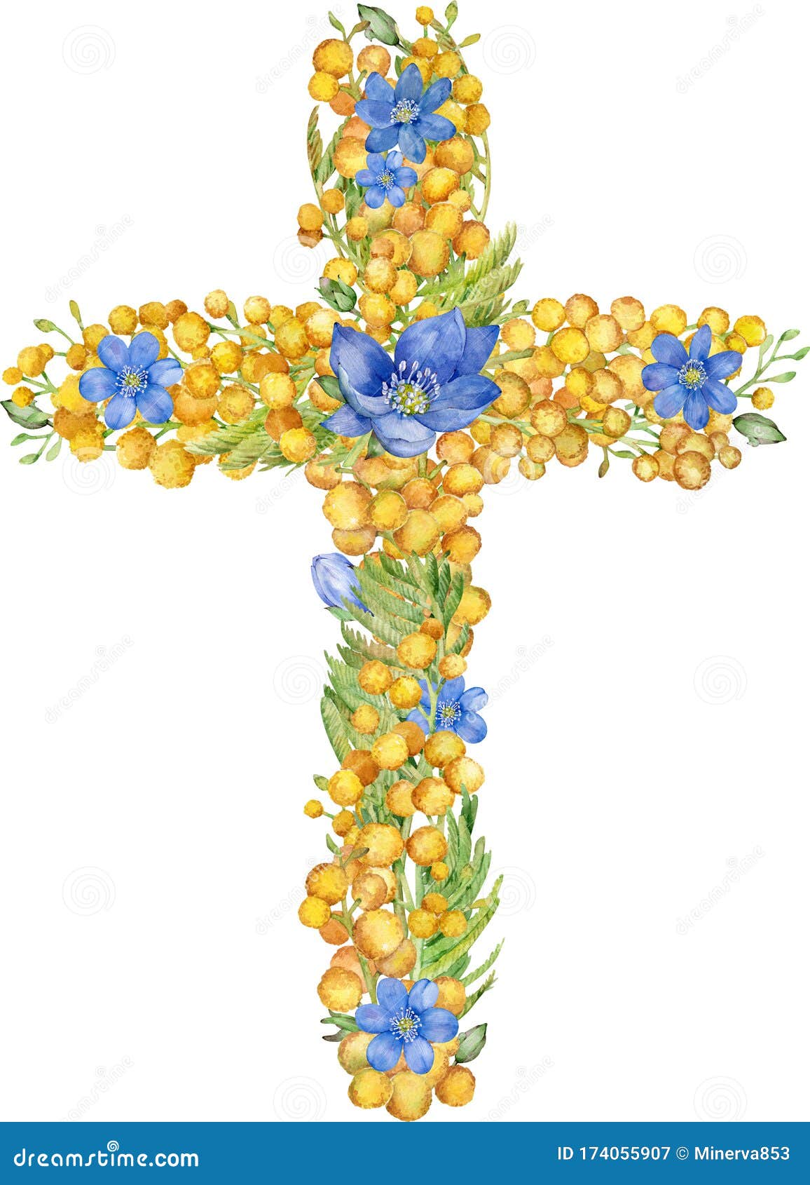 Cross With Yellow And Blue Spring Flowers Isolated On White Background Stock Illustration