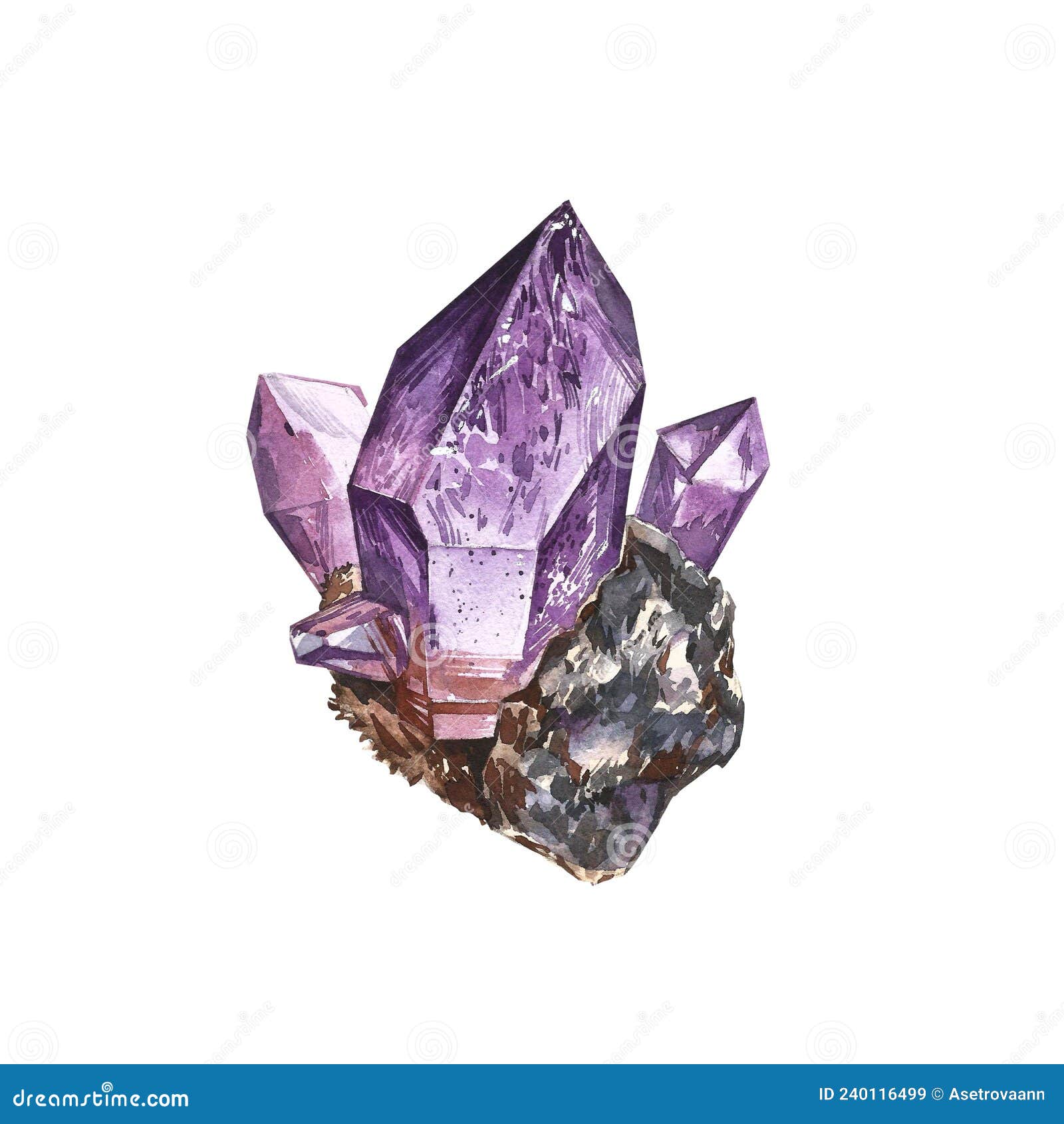 Watercolor Crystals. Amethyst Crystals, Crystal Cluster, Isolated on ...