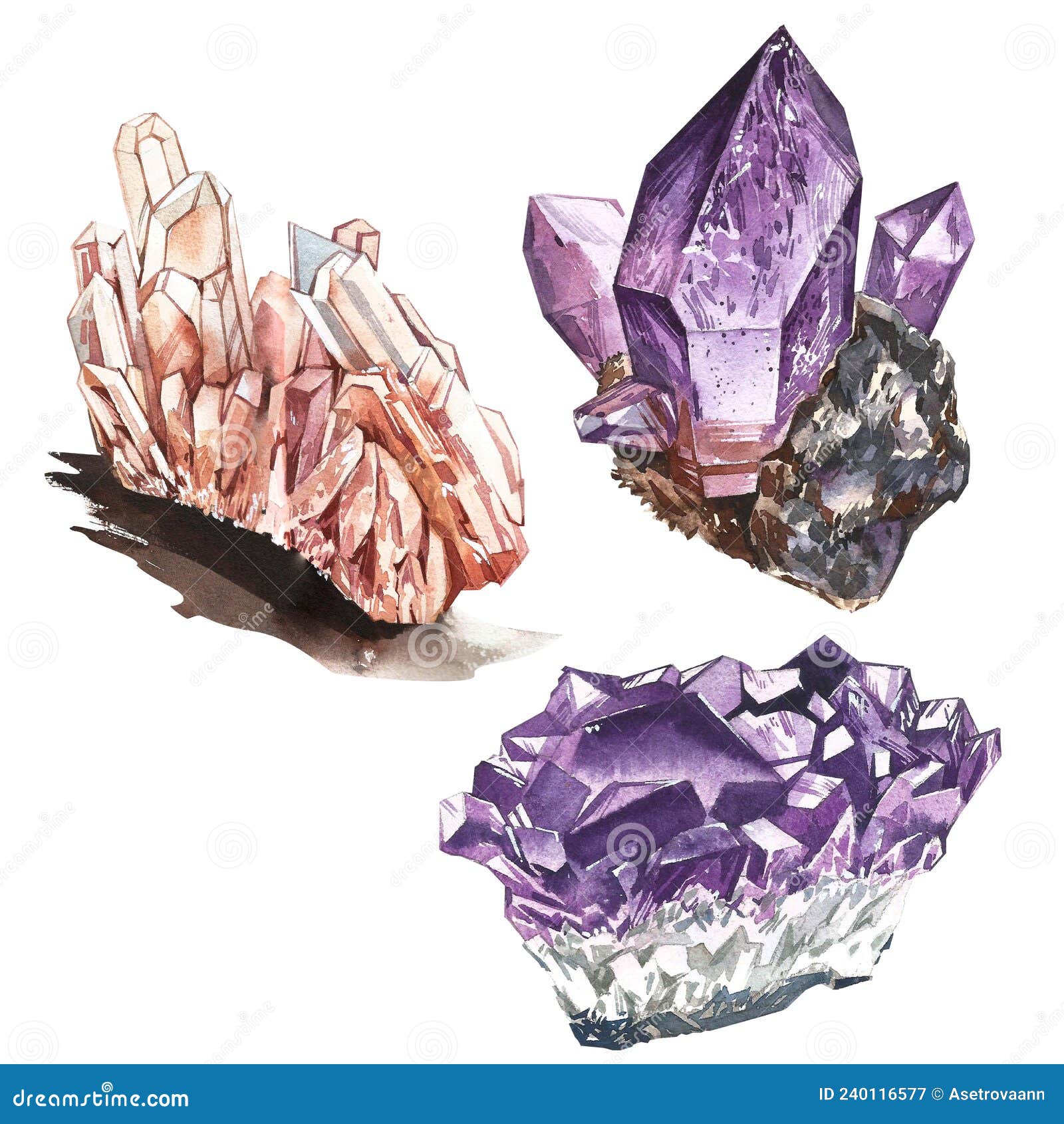 Watercolor Crystals. Amethyst Crystals, Crystal Cluster, Isolated on ...