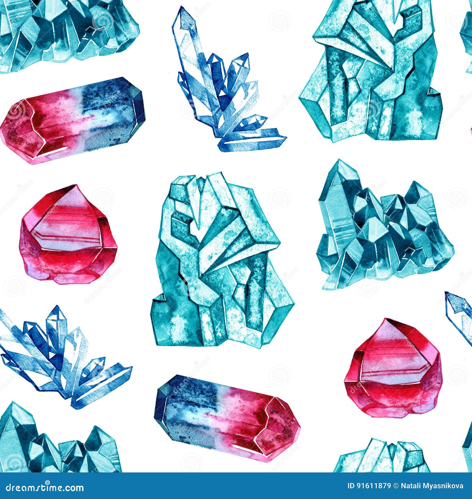 Watercolor Crystals Gems. Hand Drawn Seamless Pattern on White ...