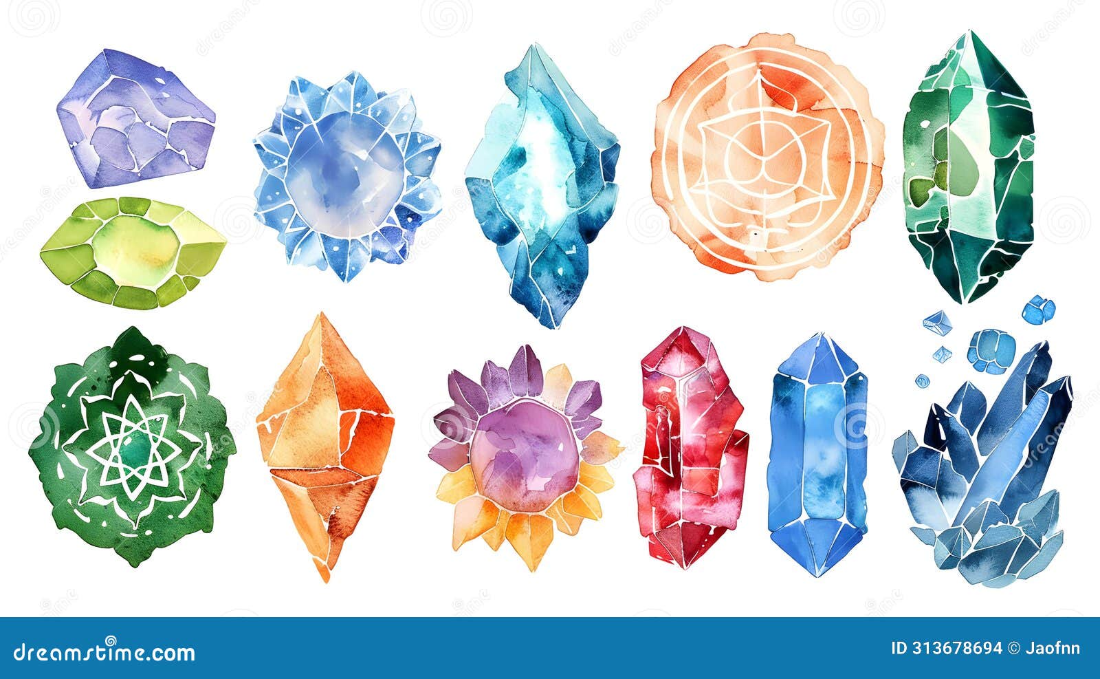Watercolor Crystals Set. Isolated on White Background. Stock ...