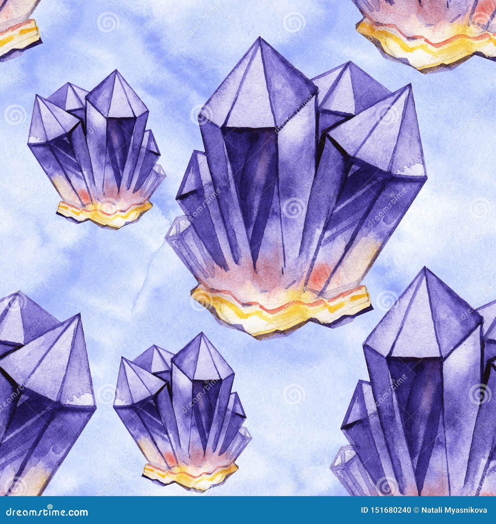 Watercolor Crystals in Violet Colors. Hand Drawn Seamless Pattern Stock ...