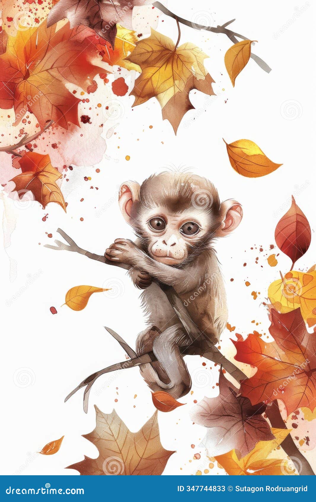 Watercolor Cute Autumn Monkey Clipart Sublimation Stock Illustration ...