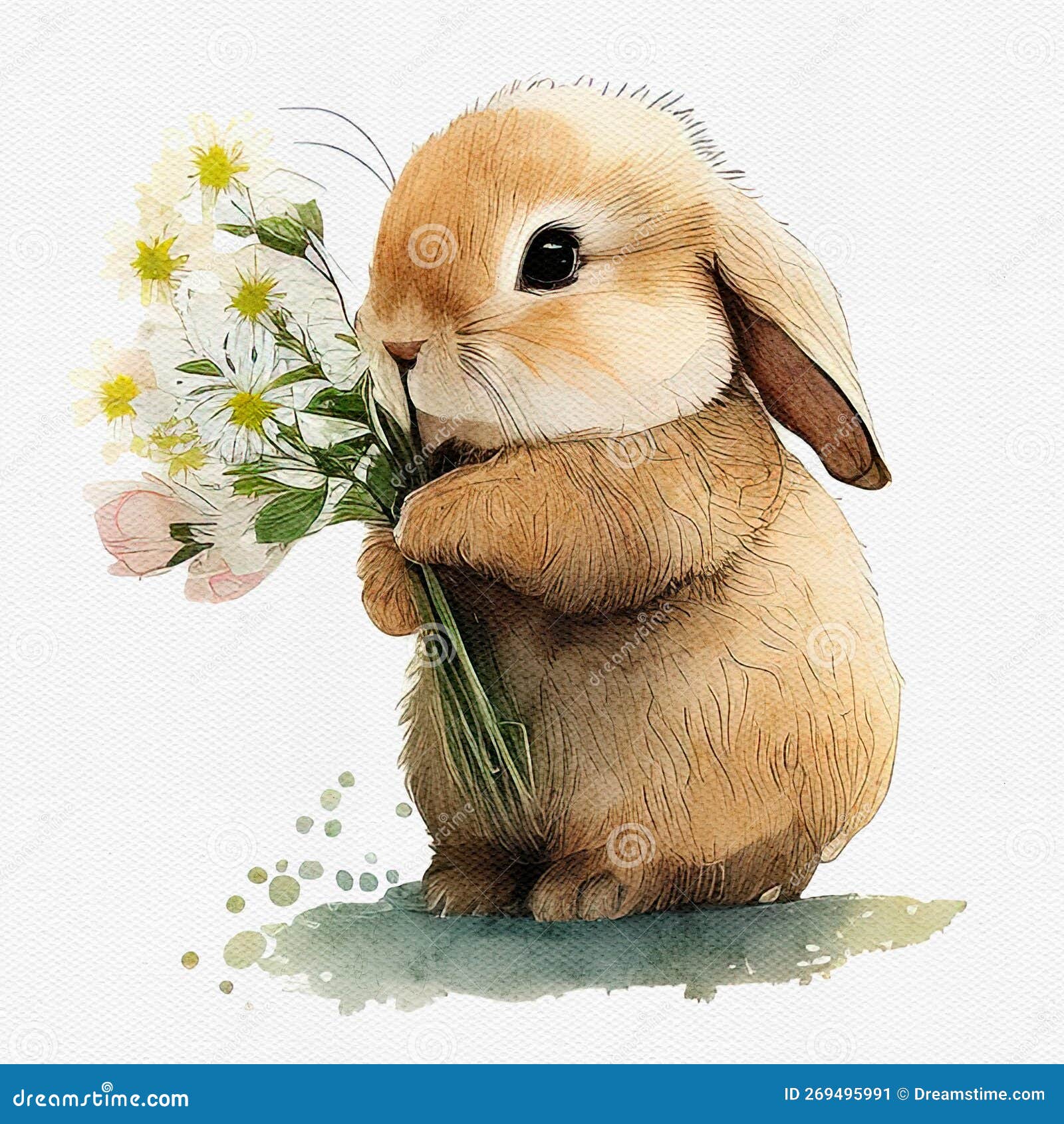 Watercolor Cute Bunny Hold Flower Delicate Spring Illustration