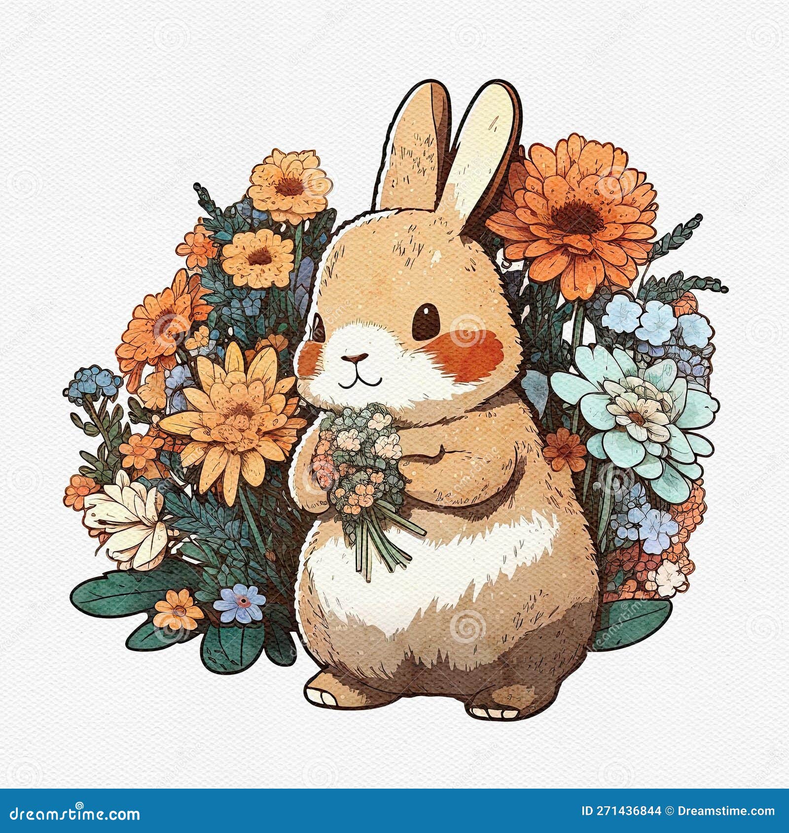 Watercolor Cute Bunny Hold Flower Delicate Spring Illustration