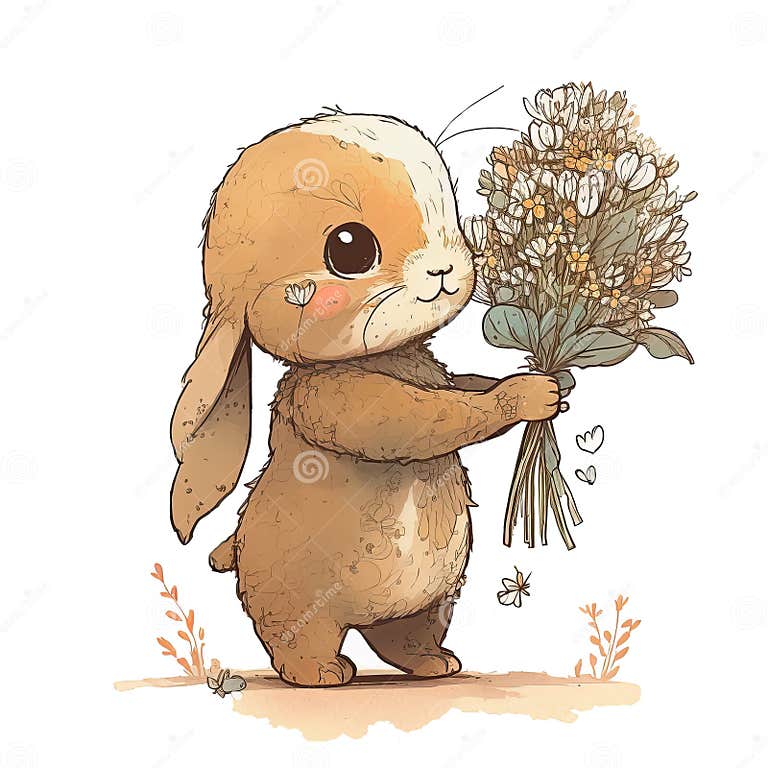 Watercolor Cute Bunny Hold Flower Delicate Spring Illustration
