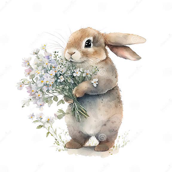 Watercolor Cute Bunny Hold Flower Delicate Spring Illustration