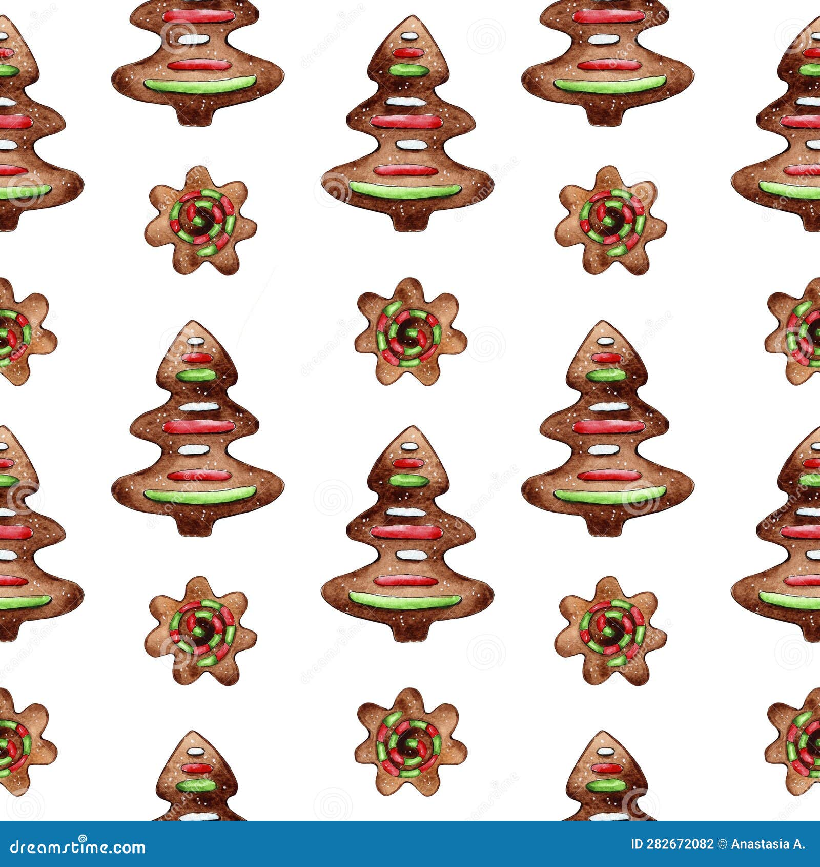 Watercolor Cute Gingerbread Christmas Tree Pattern Design Stock ...