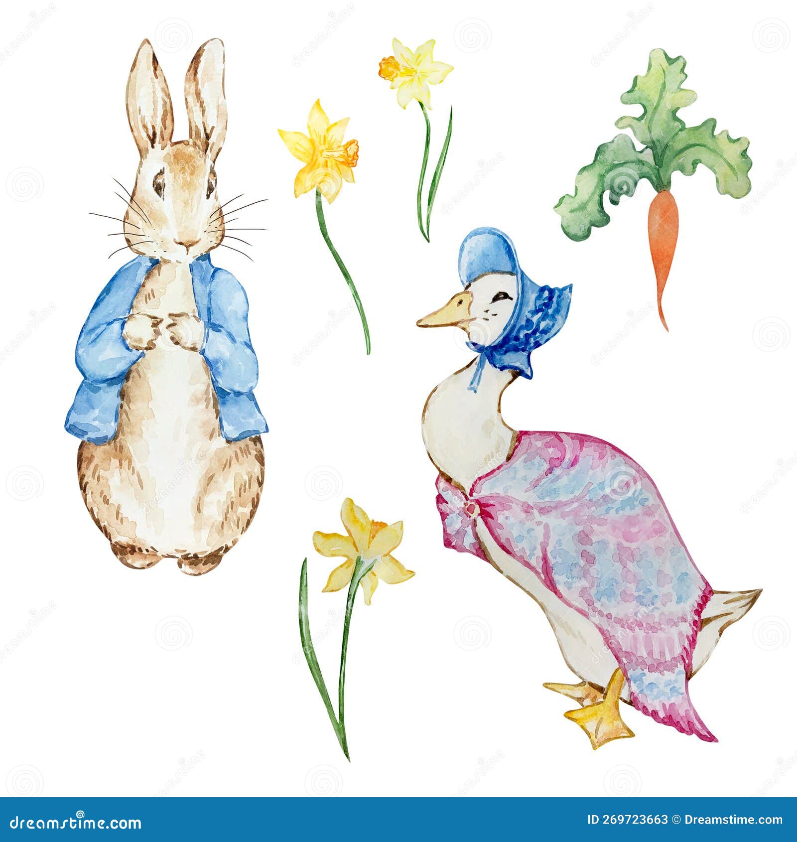 Watercolor Cute Rabbits in a Blue Jacket Stock Vector - Illustration of ...