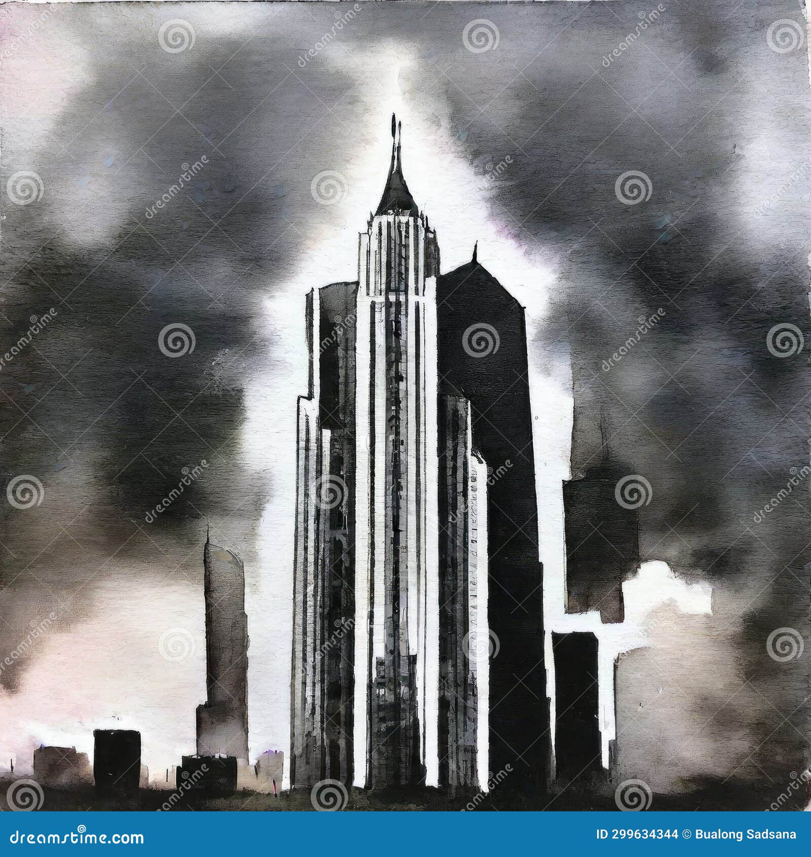 Watercolor of Dark Skyscraper Front with Menacing Appearance on a Black ...