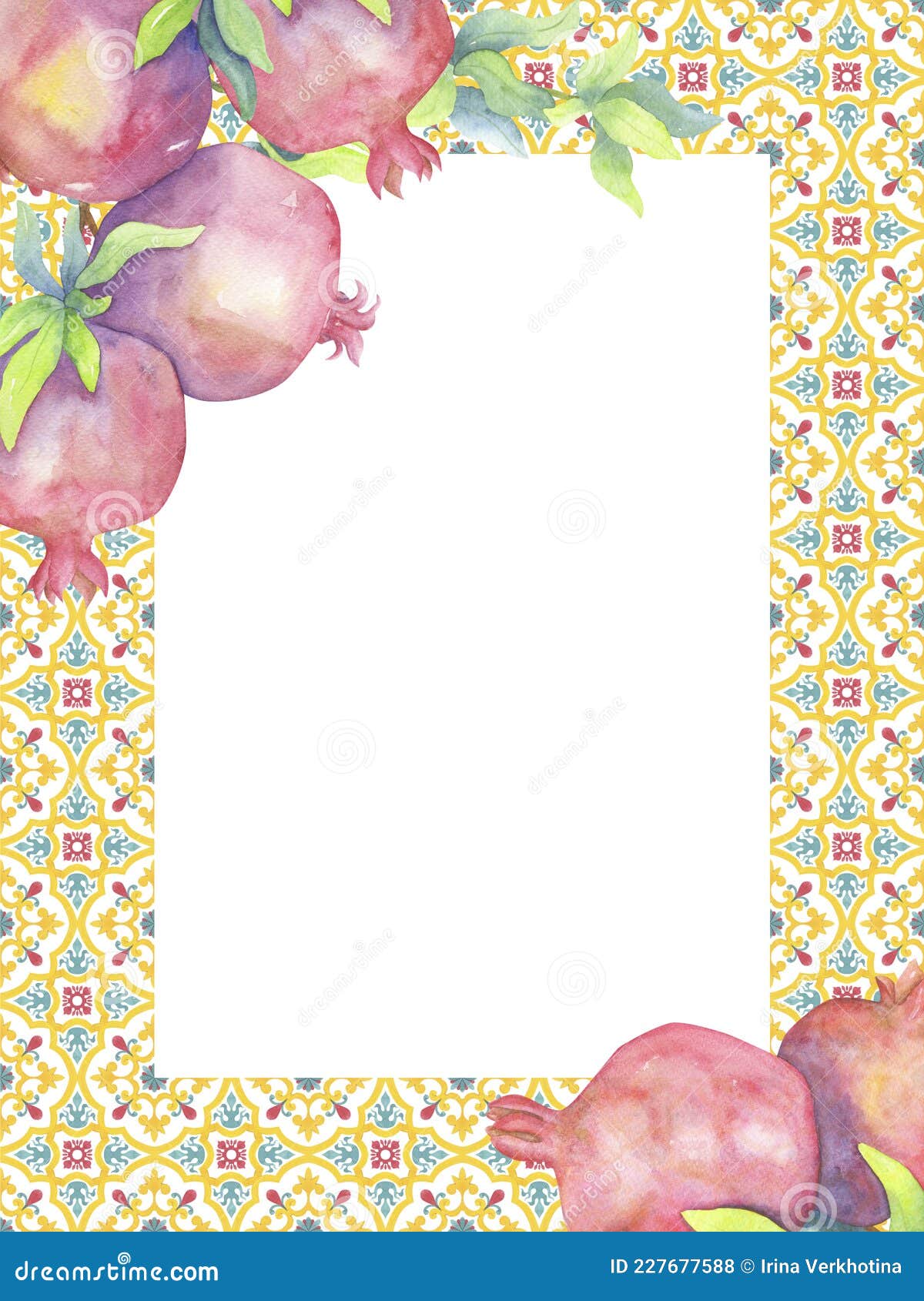 Watercolor Decorative Frame with Pomegranates and Tiles Stock ...